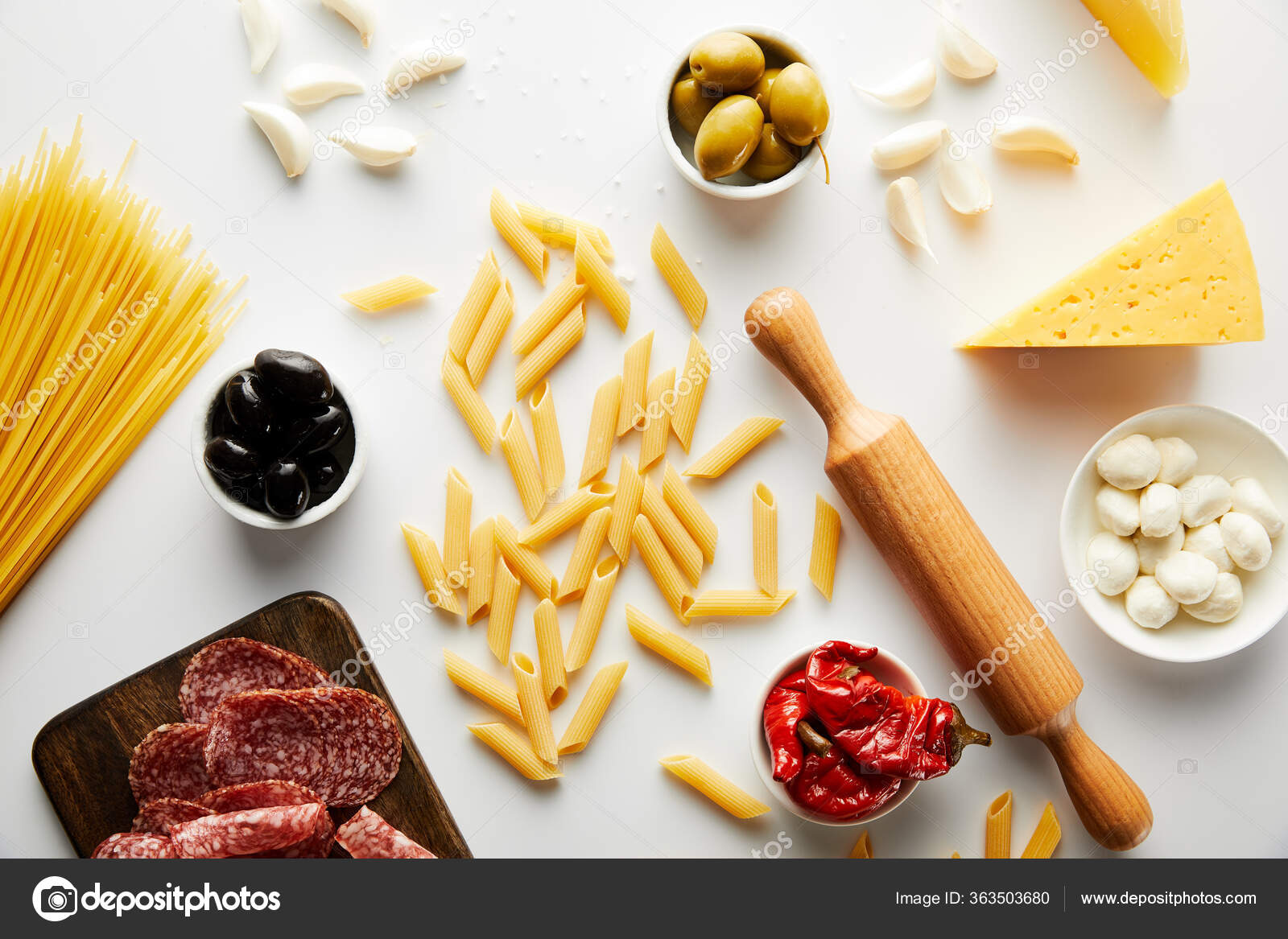 Top View Meat Platter Rolling Pin Pasta Ingredients White Background ...