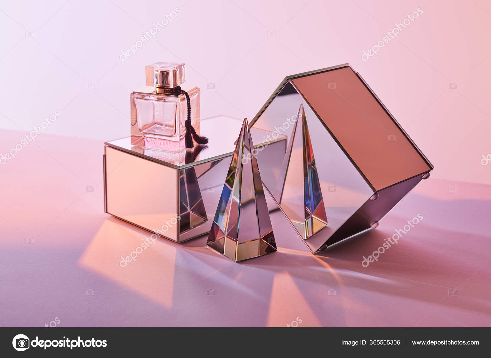 Crystal Transparent Pyramid Perfume Bottle Mirror Cubes Pink Background ...