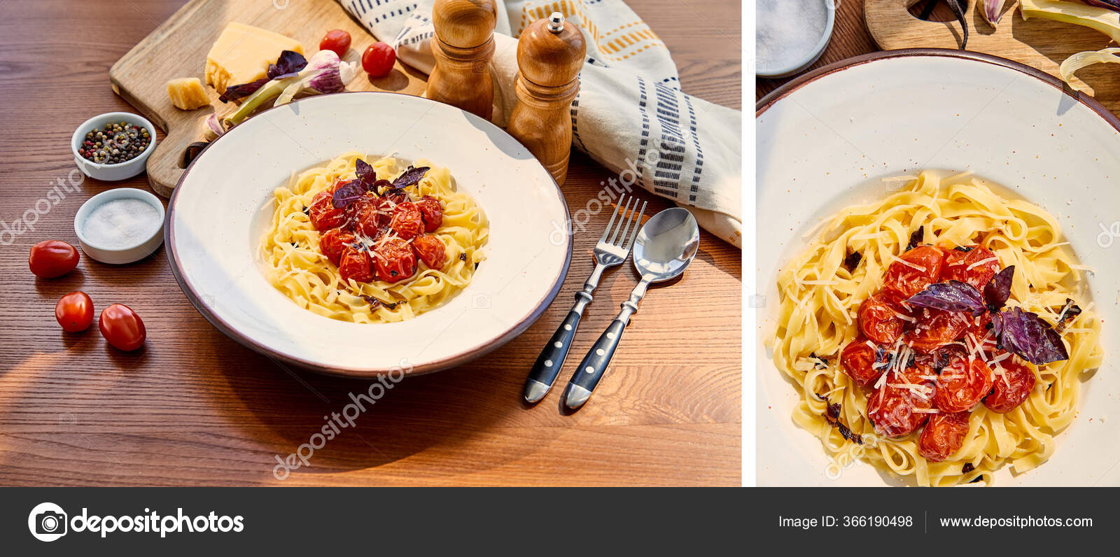 Collage Delicious Pasta Tomatoes Served Wooden Table Cutlery Napkin ...