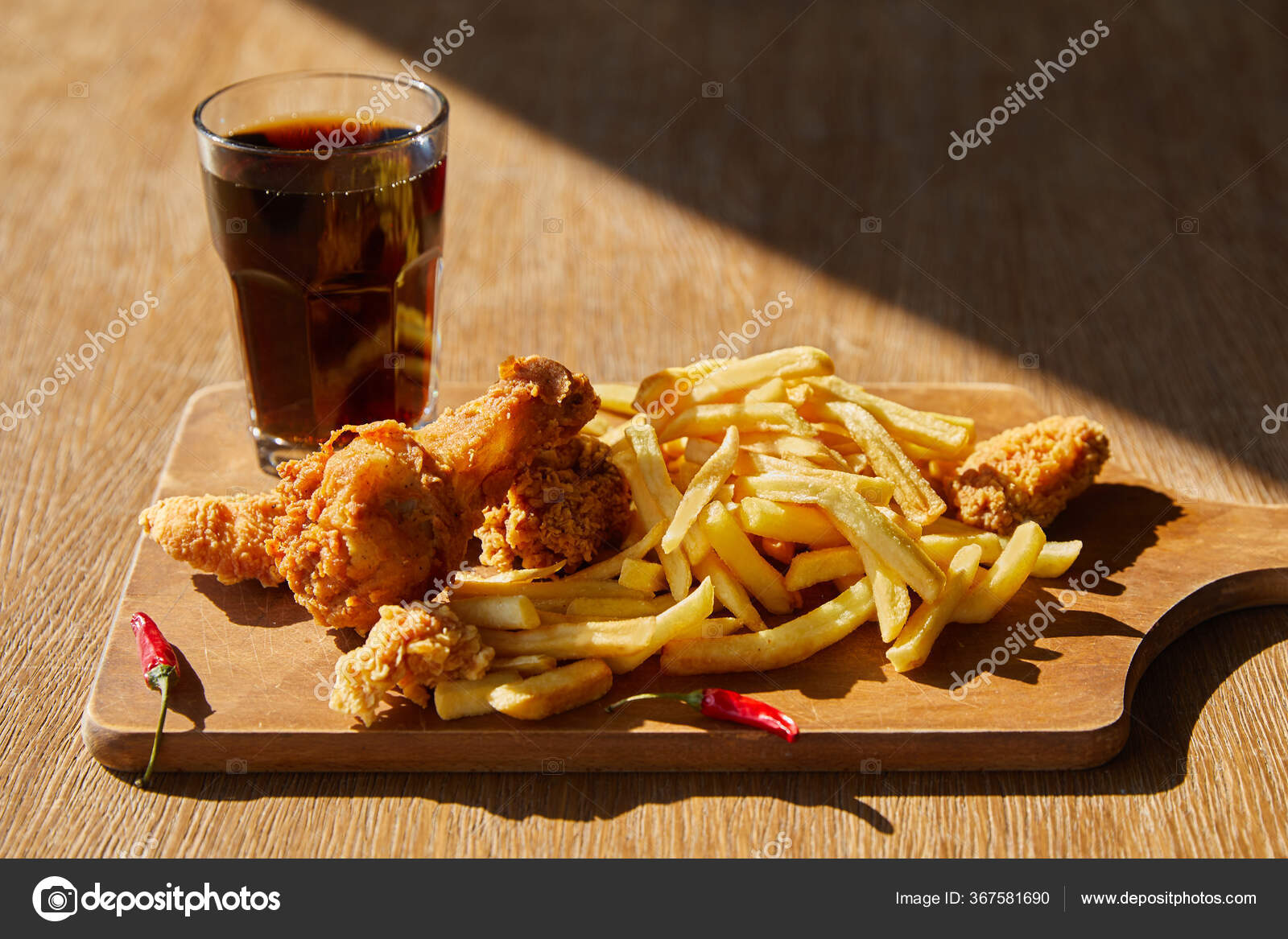 Spicy Deep Fried Chicken French Fries Board Soda Glass Wooden — Stock ...