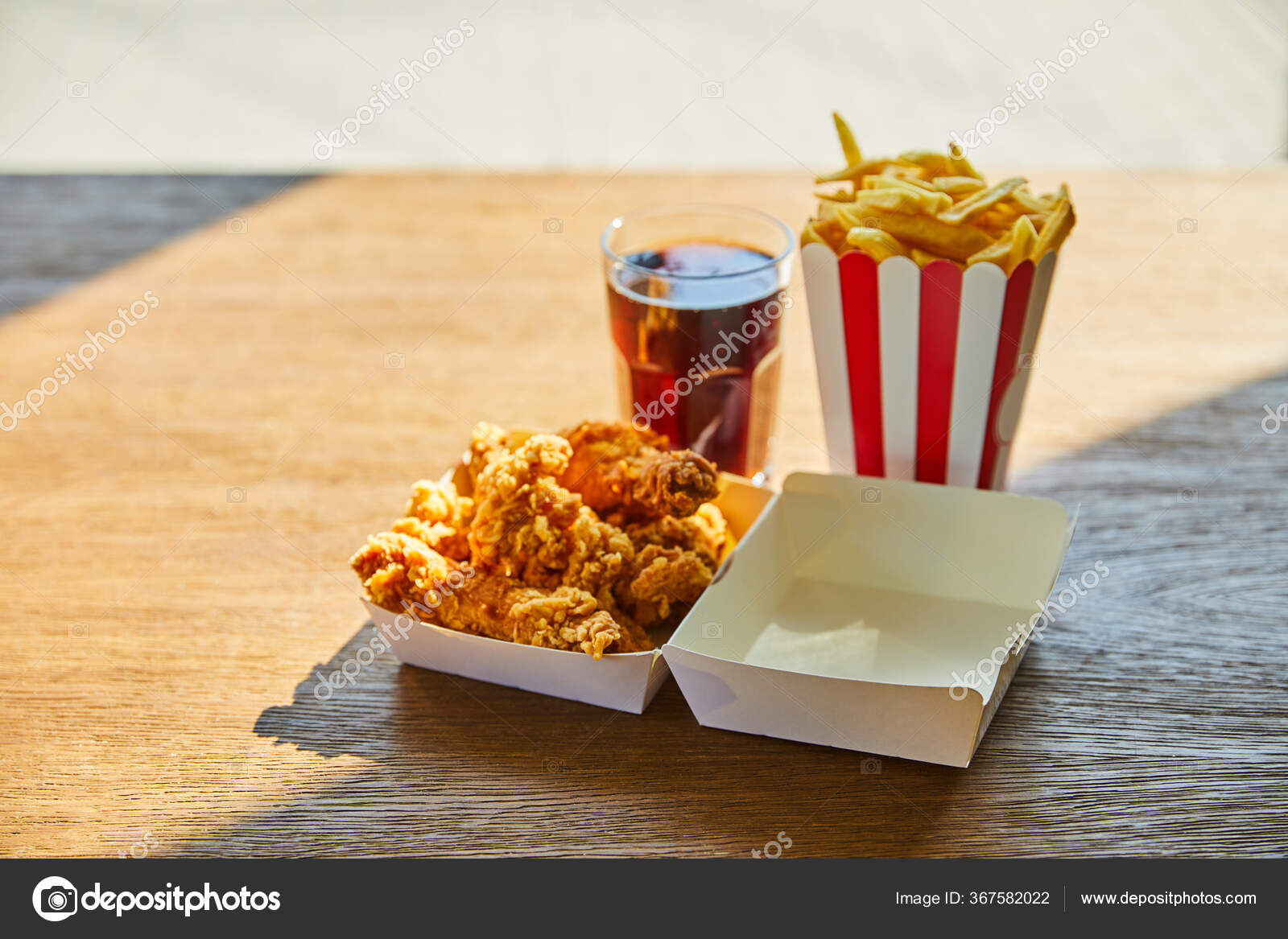 Selective Focus Deep Fried Chicken French Fries Soda Glass Wooden ...