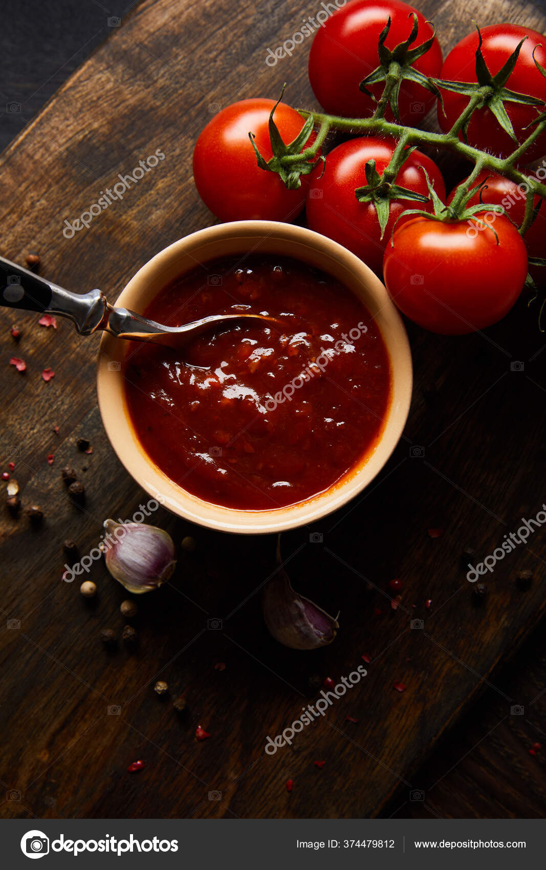 Top View Delicious Tomato Sauce Bowl Spoon Tomatoes Spices Wooden Stock ...