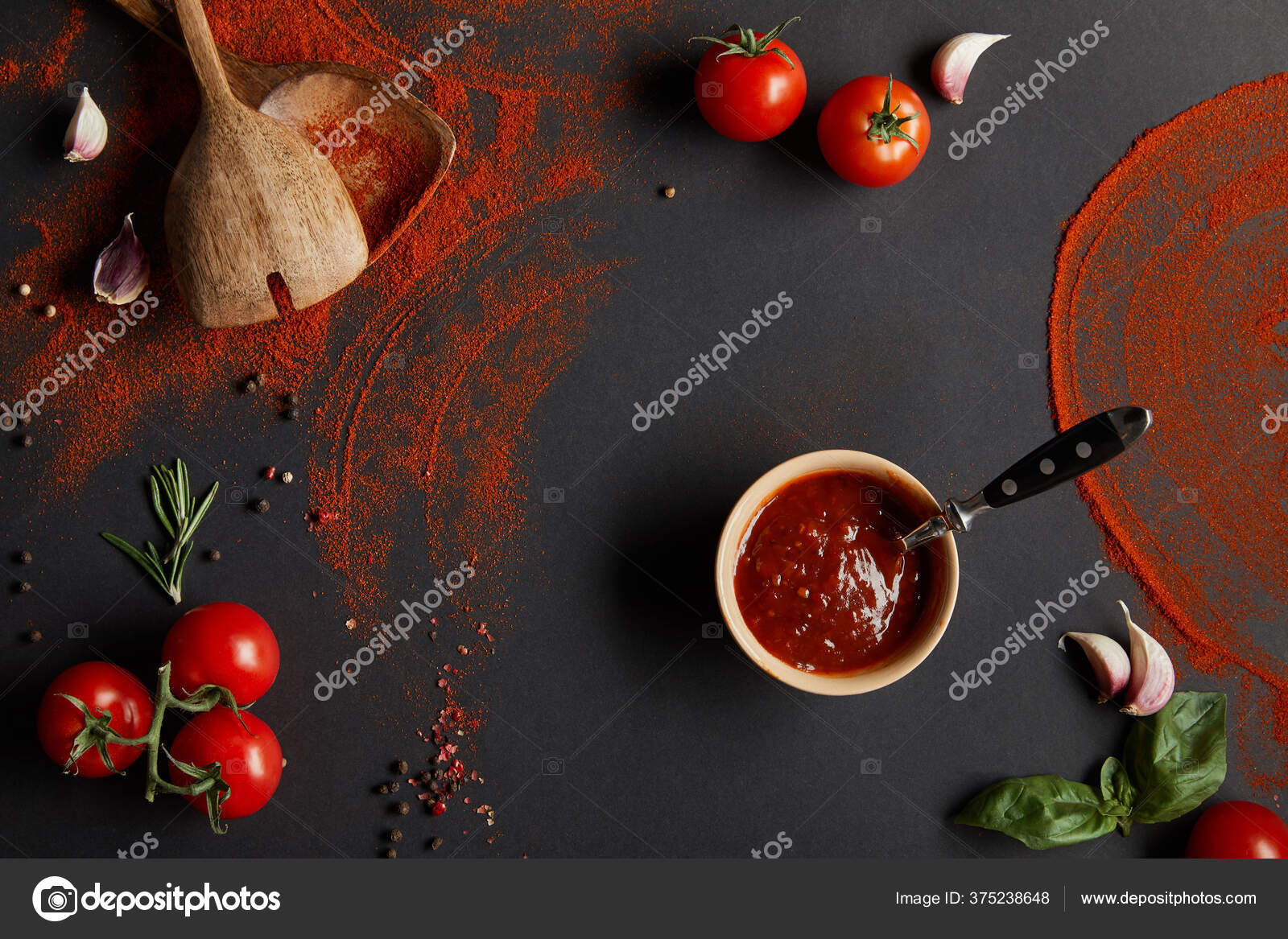 Top View Tomato Paste Bowl Cherry Tomatoes Garlic Cloves Paprika Stock ...