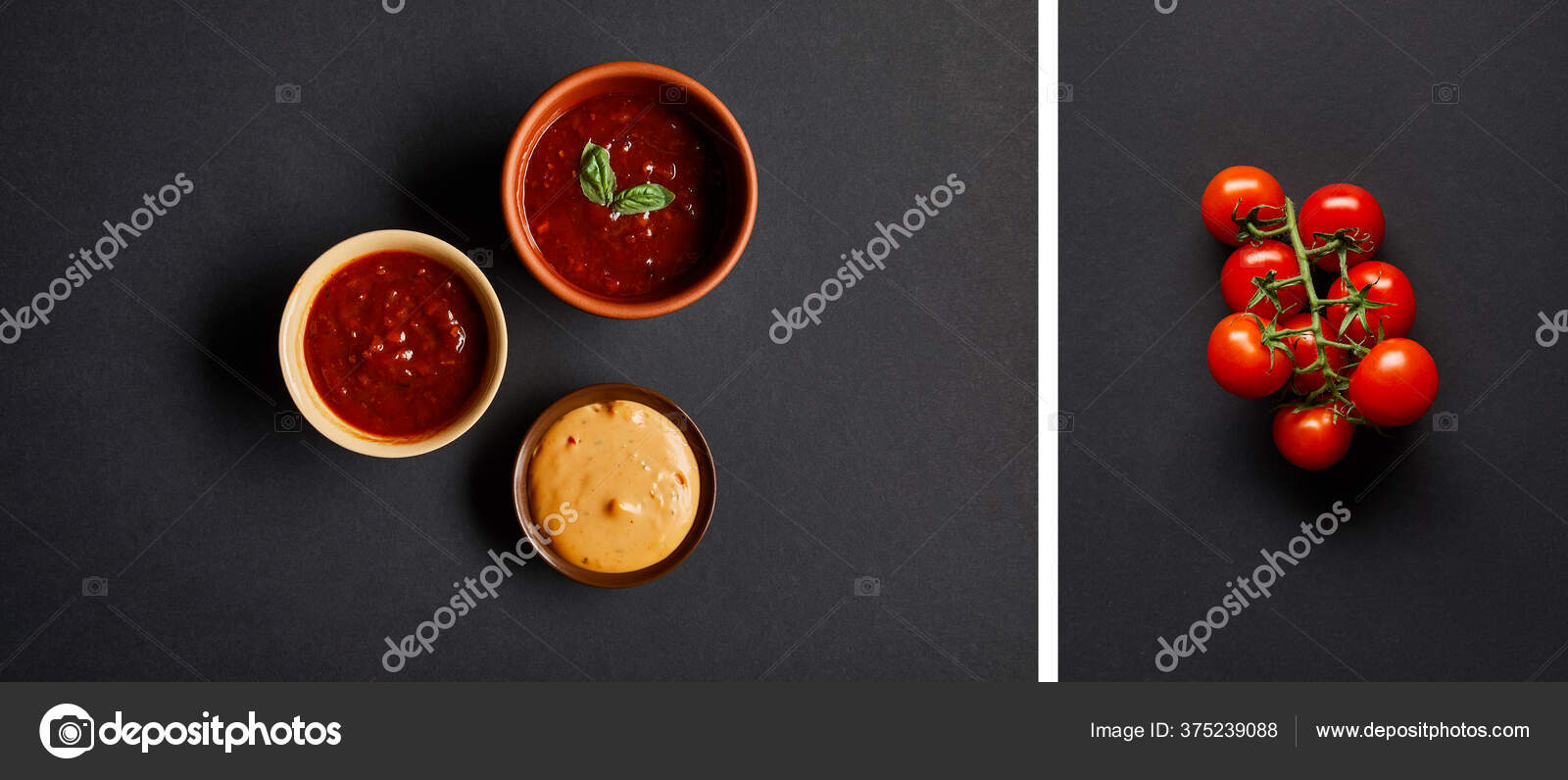 Collage Bowls Tomato Mustard Sauces Cherry Tomatoes Black Stock Photo ...