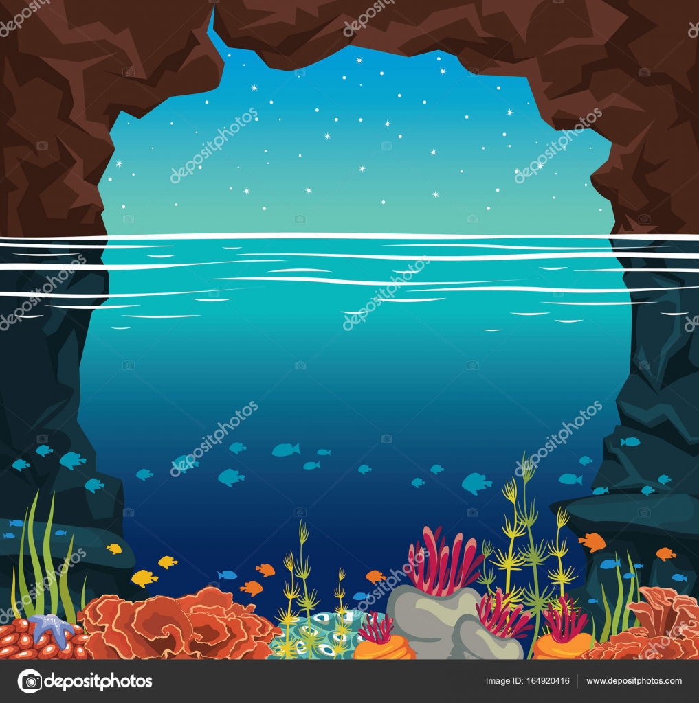 Underwater sea - coral reef, cave, fish. Night sky. Stock Vector Image ...