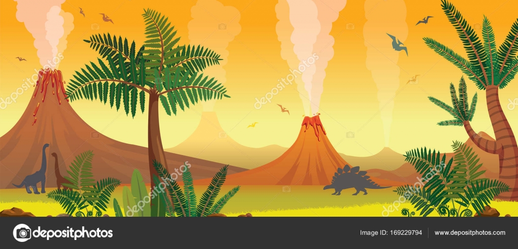 Prehistoric nature landscape - volcanoes, dinosaurs, fern. Stock Vector ...