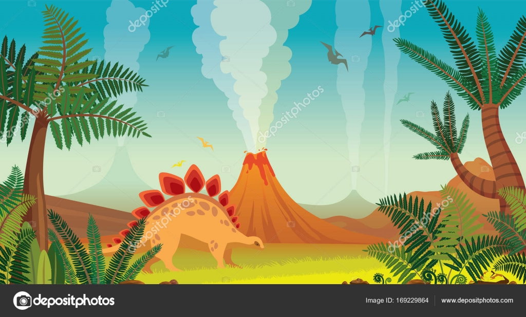Prehistoric nature landscape - volcanoes, dinosaurs, plants. Stock ...