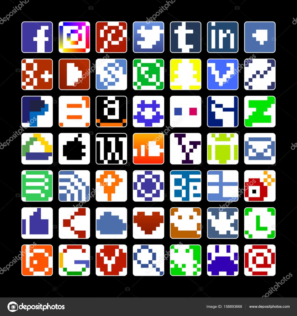 The pixel social media icons and the regular icons for a phone. Stock ...