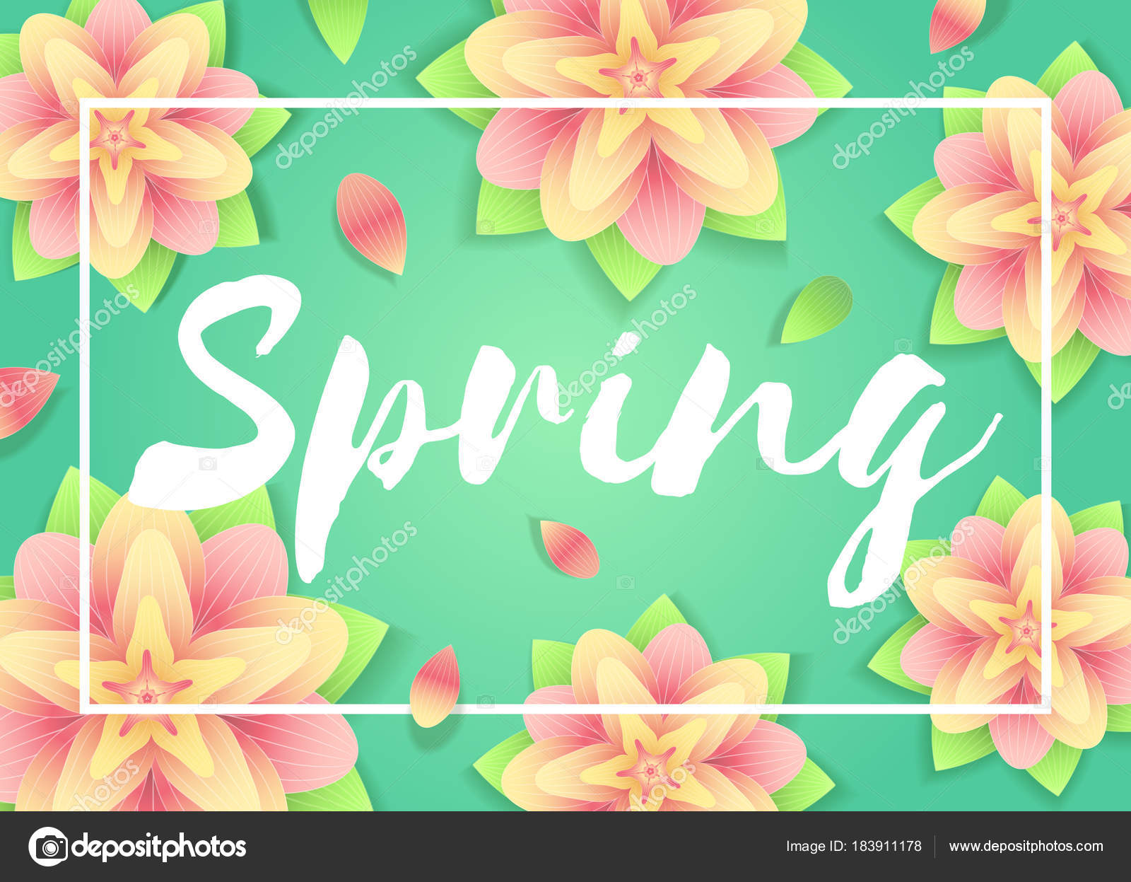 Spring background. Flowers and lettering on abstrack green . Fresh ...