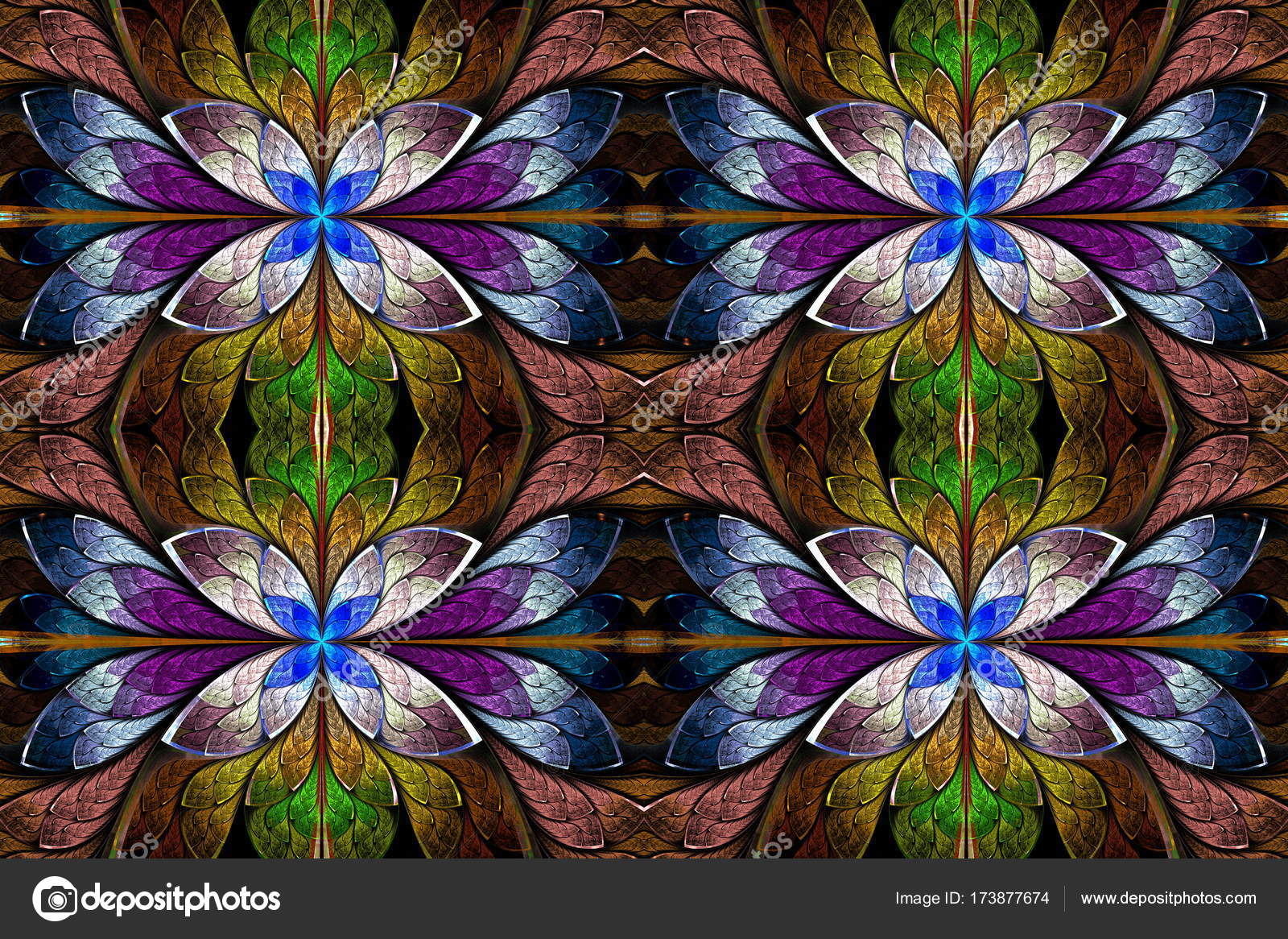 Seamless fractal pattern in stained-glass window style. Blue, be ... Seamless fractal pattern in stained-glass window style. Blue, be ...