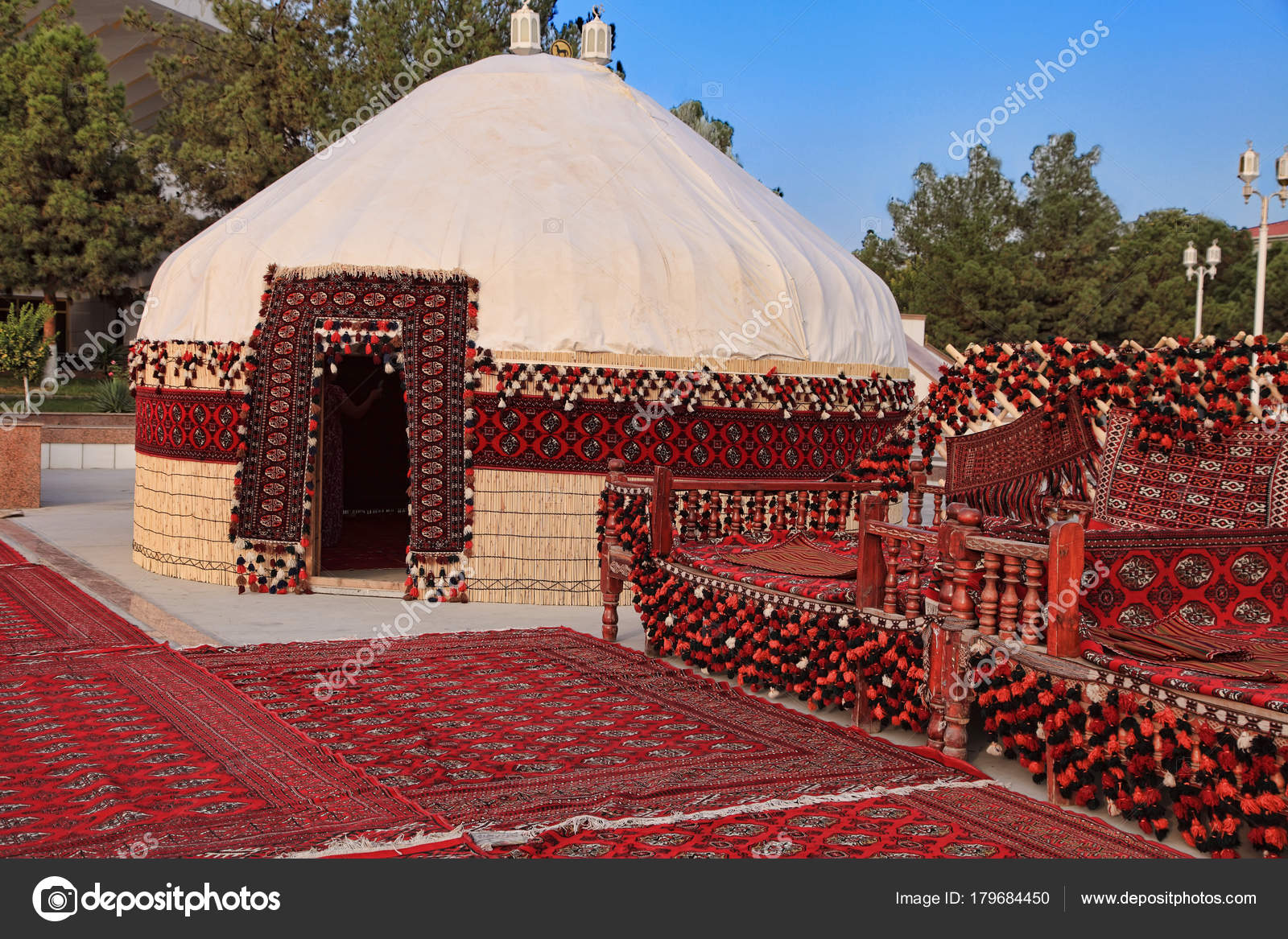 Ethnic nomadic yurt-building and trestle-bed, built for the cele Stock ...