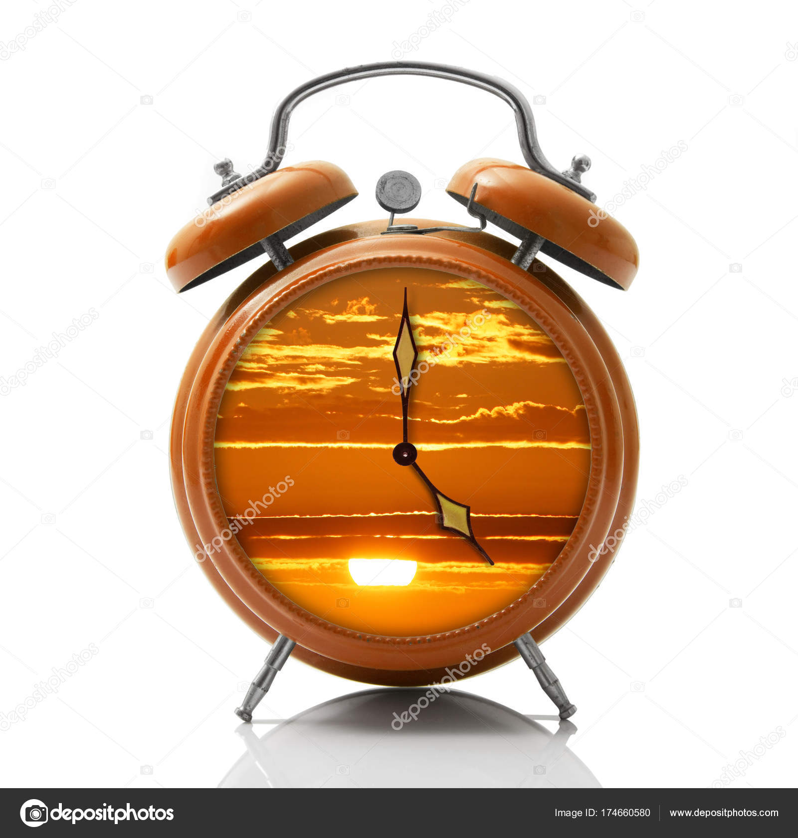 Alarm clock with sunset dial on white background Stock Photo by ...