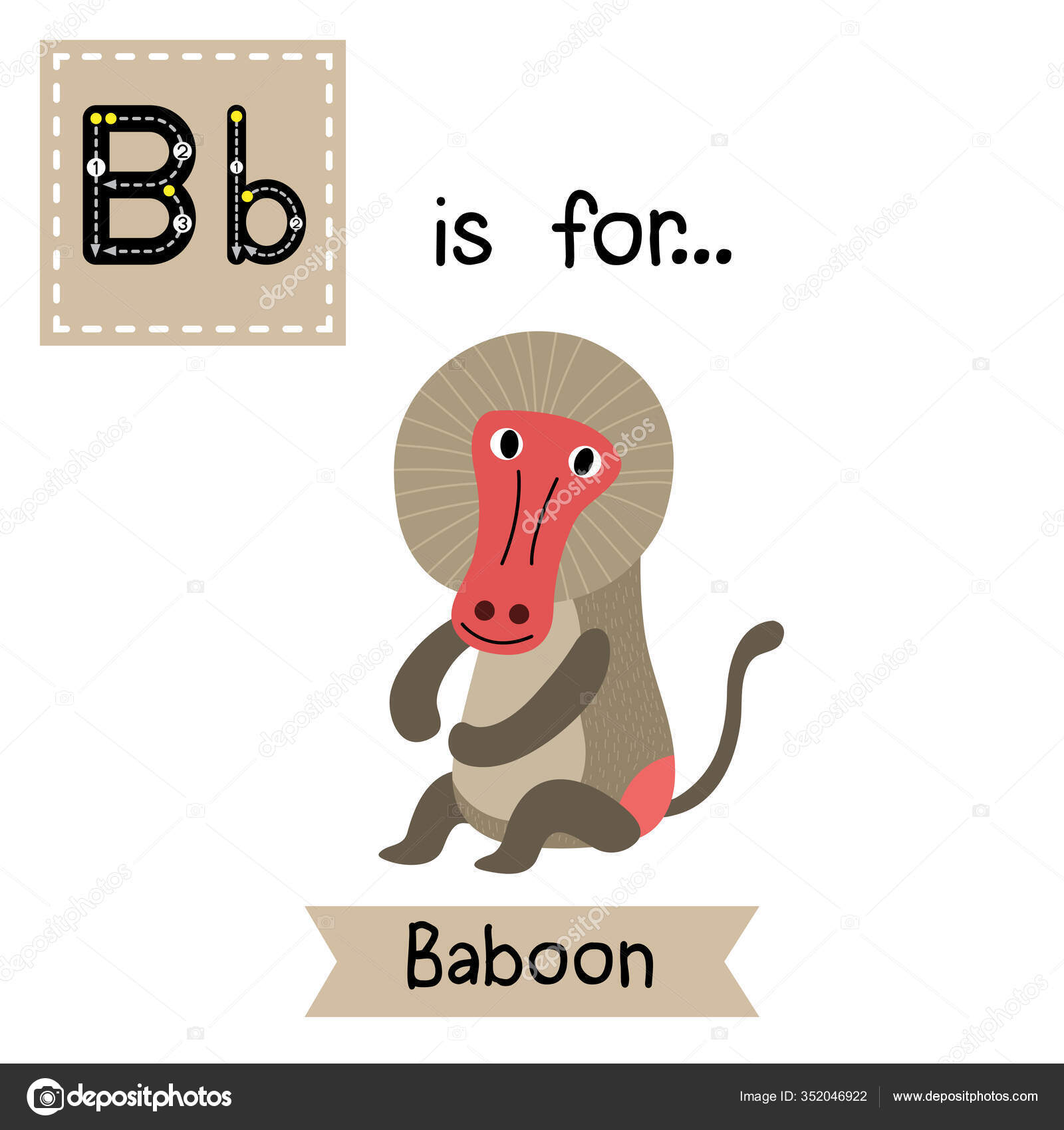 Letter Tracing Sitting Baboon Cute Children Zoo Alphabet Flash Card ...