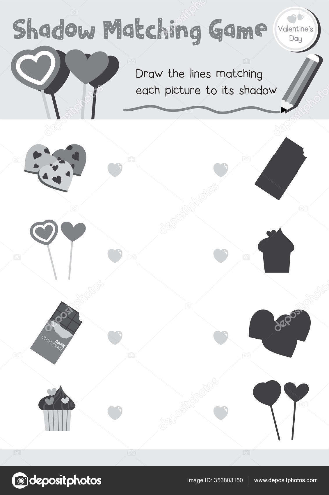 Shadow Matching Game Food Preschool Kids Activity Worksheet Valentines ...