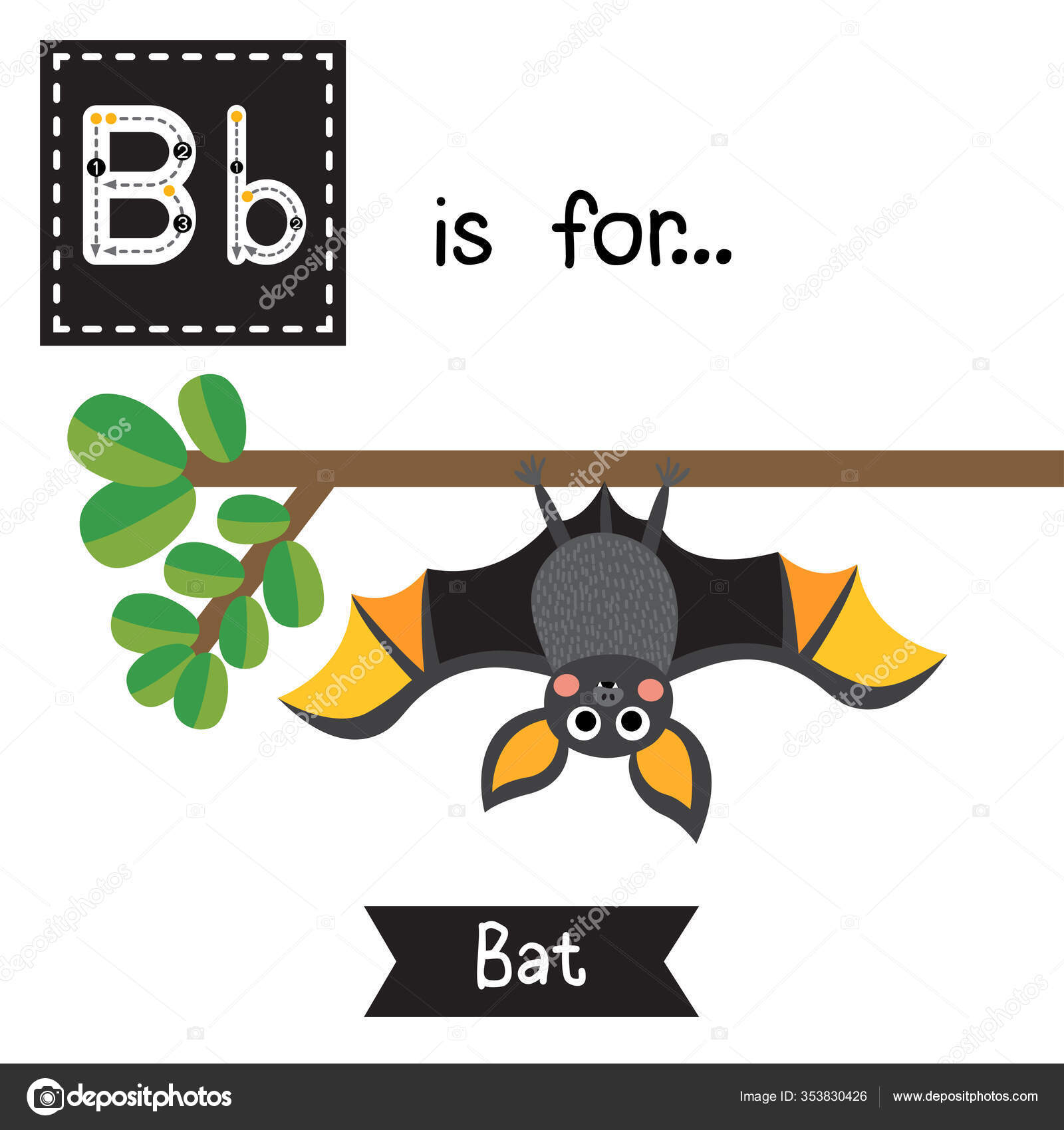 Cute Children Abc Alphabet Letter Tracing Flashcard Bat Roosting Branch ...