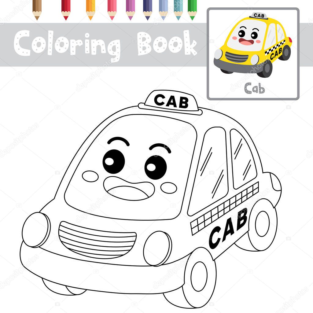 Coloring page of cute Cab cartoon character perspective view ...