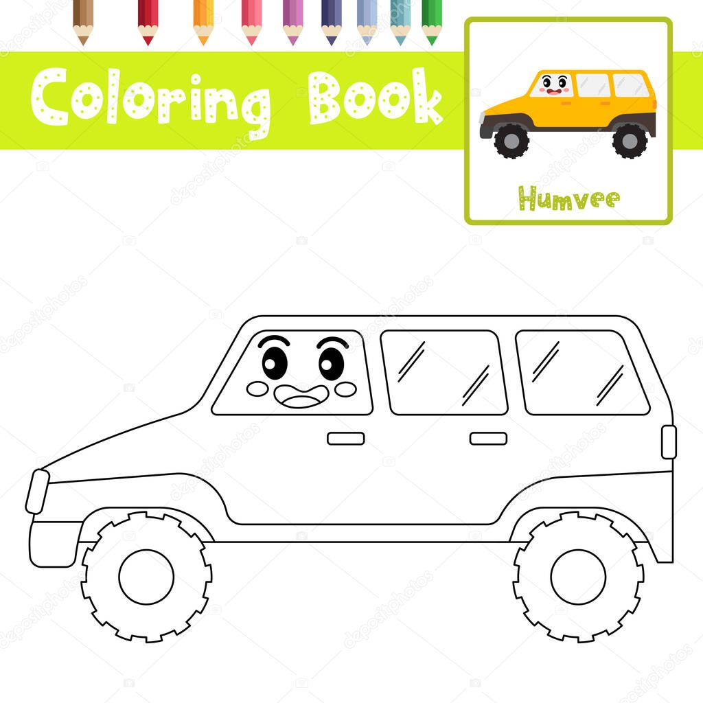 Coloring page of cute Humvee cartoon character side view ...