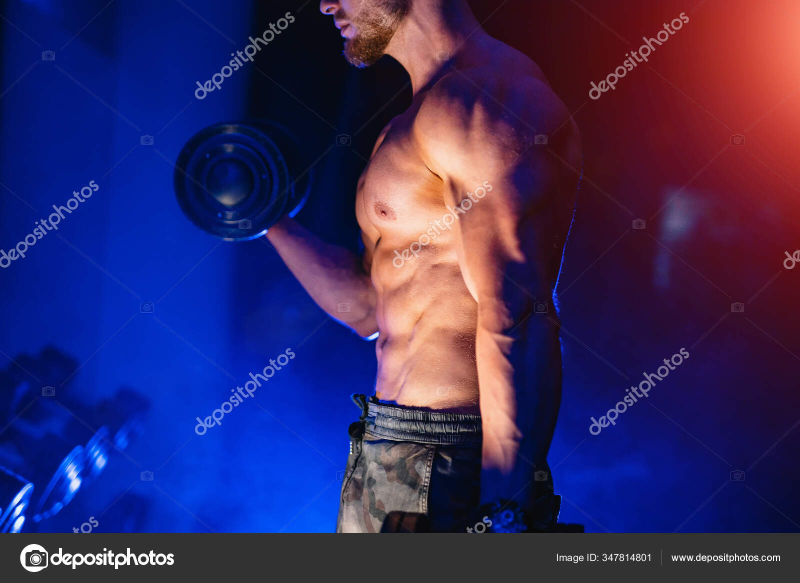 Athletic Body Half Turned Model Guy Posing Camera Dark Blue Stock Photo ...