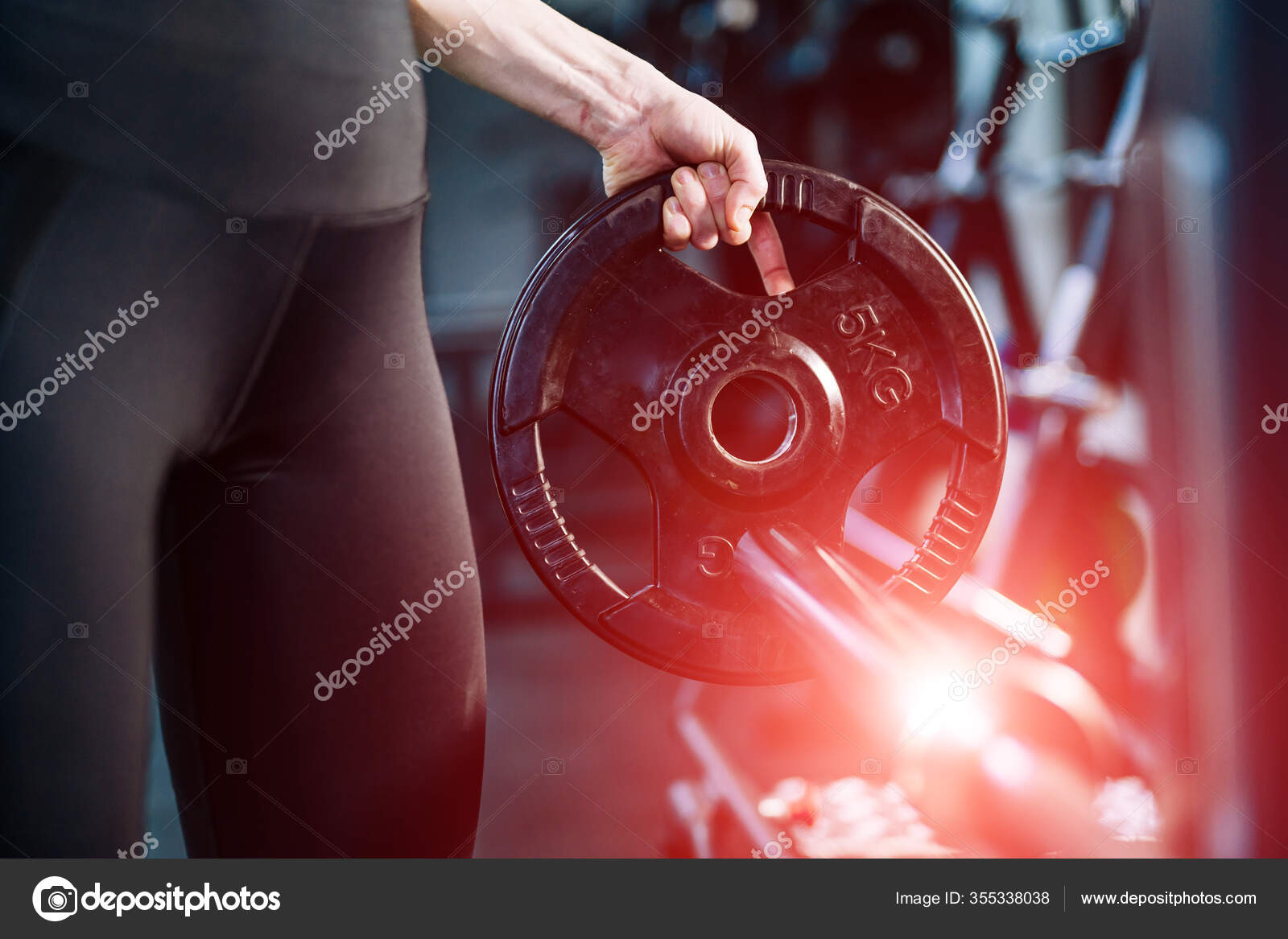 Woman Good Figure Poses Gym Girl Black Shirt Leggings Holding Stock ...