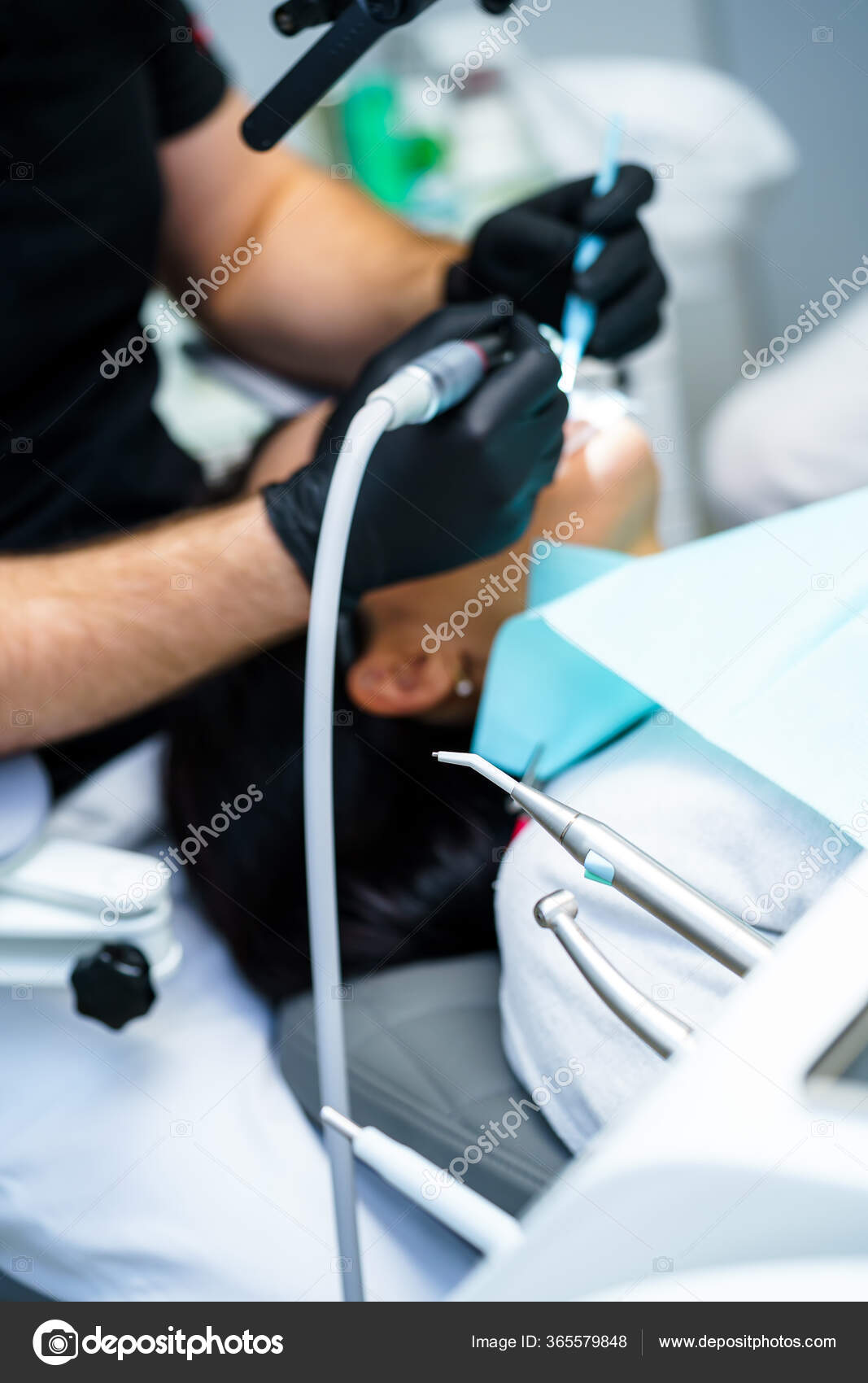 Dentist Drilling Tooth Young Patient Real People Selective Focus ...