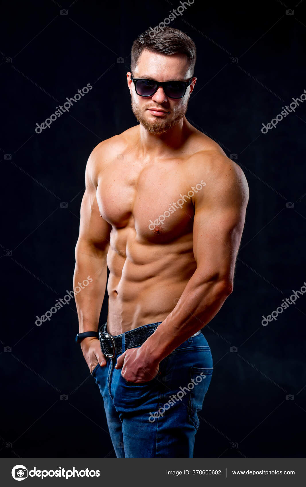 Athletic Body Half Turned Model Guy Posing Camera Dark Grey Stock Photo ...