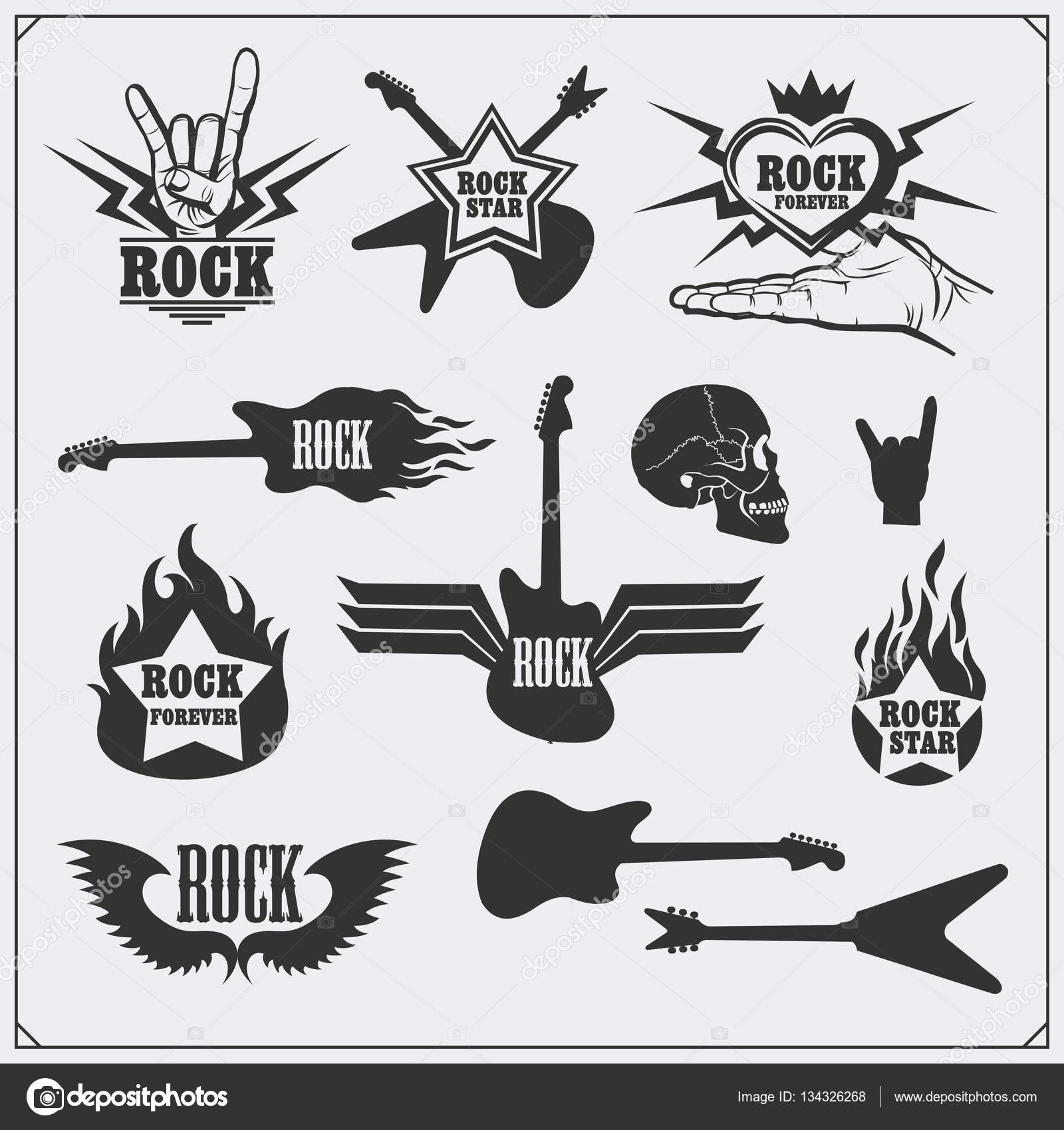 Rock'n'Roll music symbols, labels, logos and design elements. Stock ...