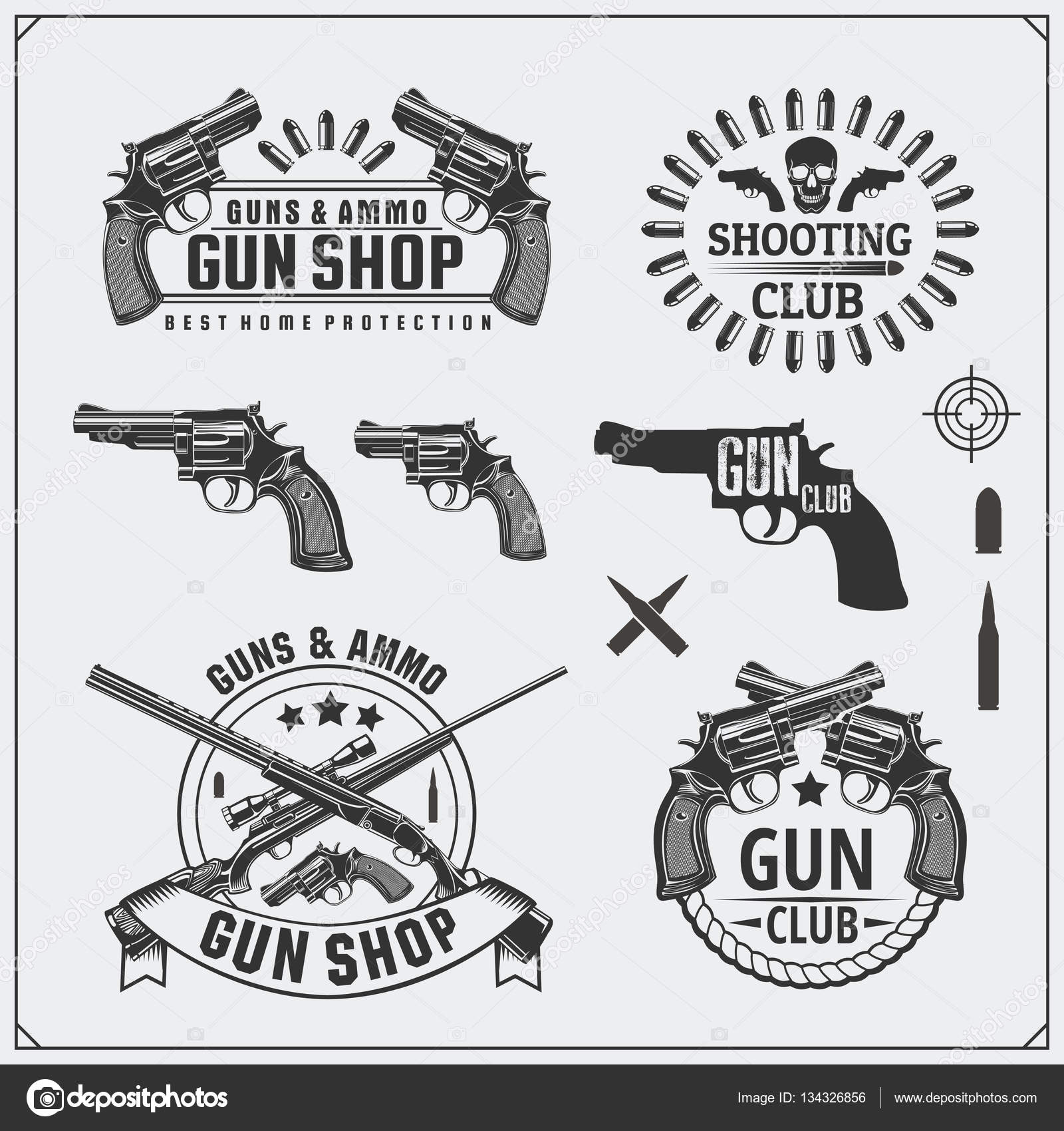 Collection of Gun club emblems, labels and design elements. Revolvers ...