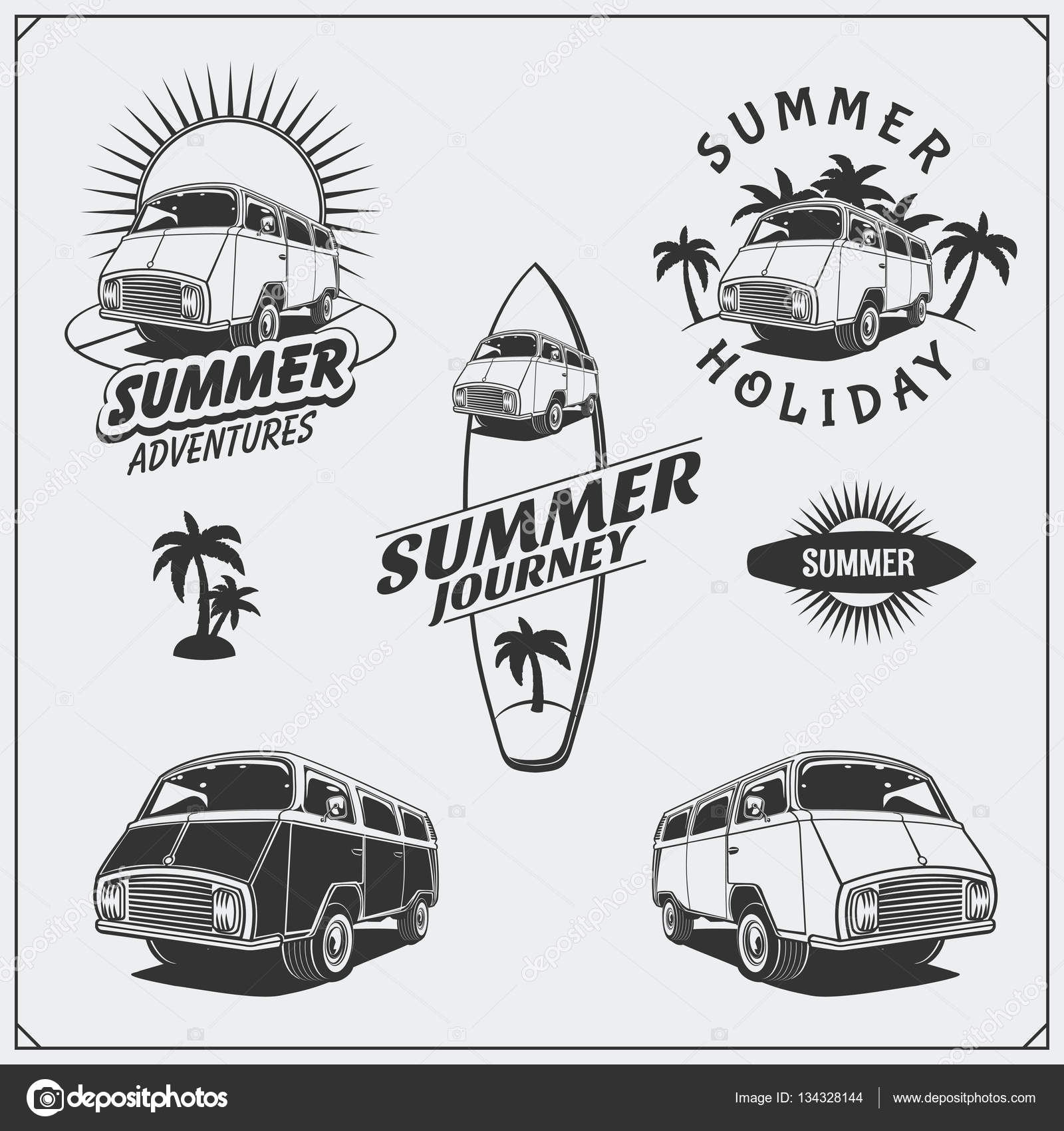 Set of surf van labels, badges and design elements. Travel retro bus ...