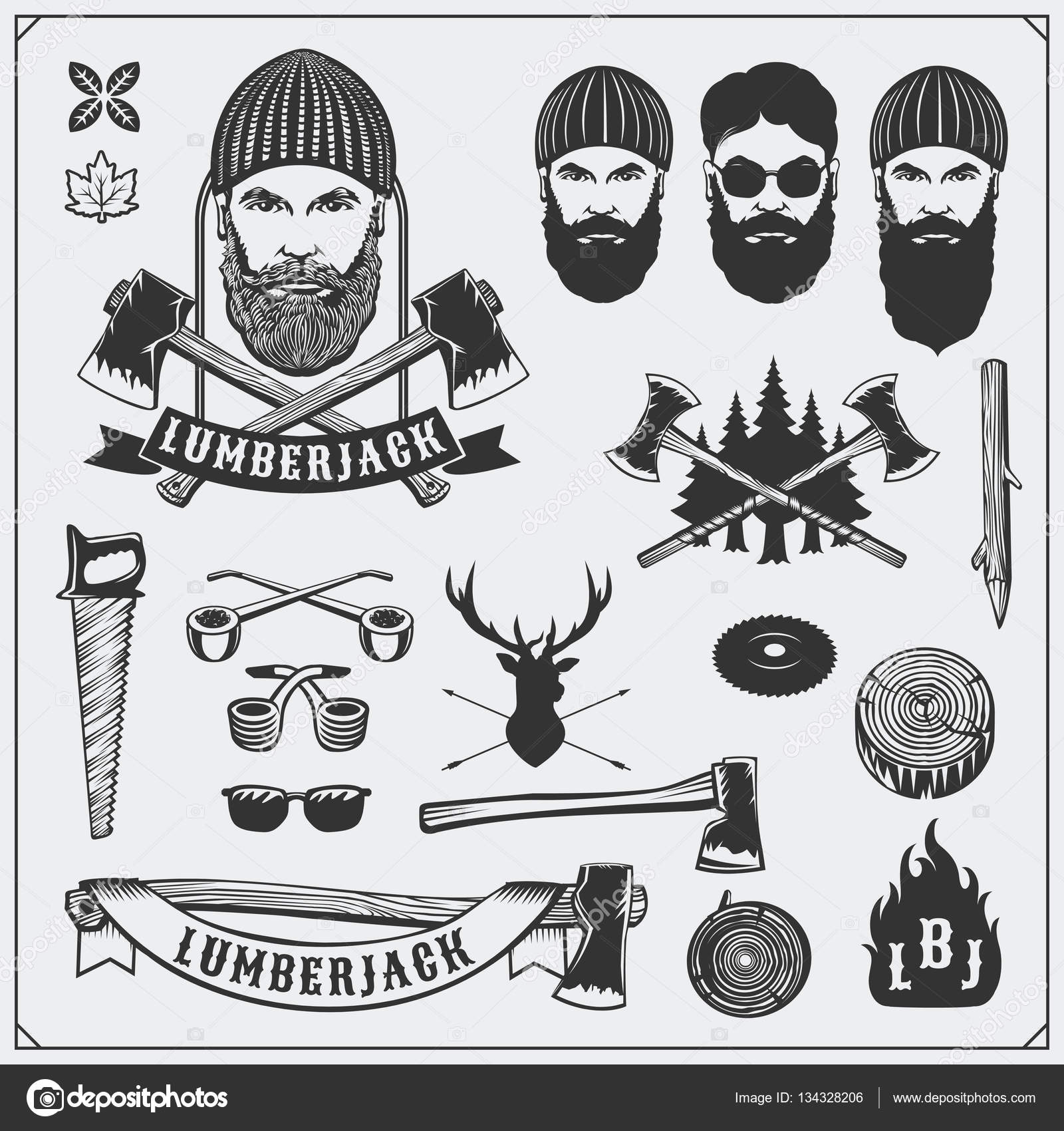 Lumberjack collection. Lumberjack characters and tools. Axes, saws and ...