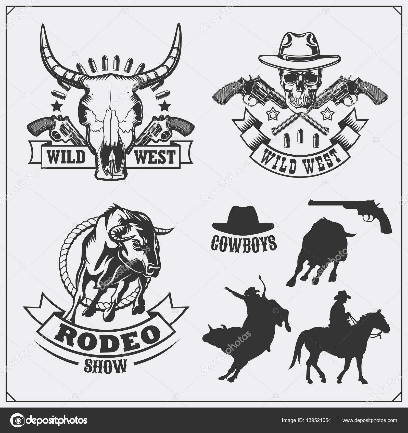 Oeste selvagem. Conjunto de rodeo, xerife e cowboy emblemas vintage ...