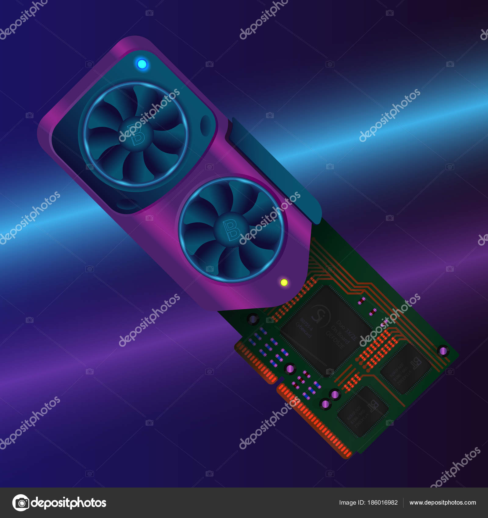 An isometric flat vector of a detailed video graphics card. A neon ...