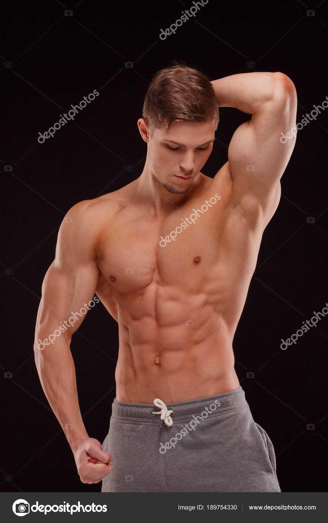 Strong Muscular Handsome Man Showing His Biceps Black Background Gym ...