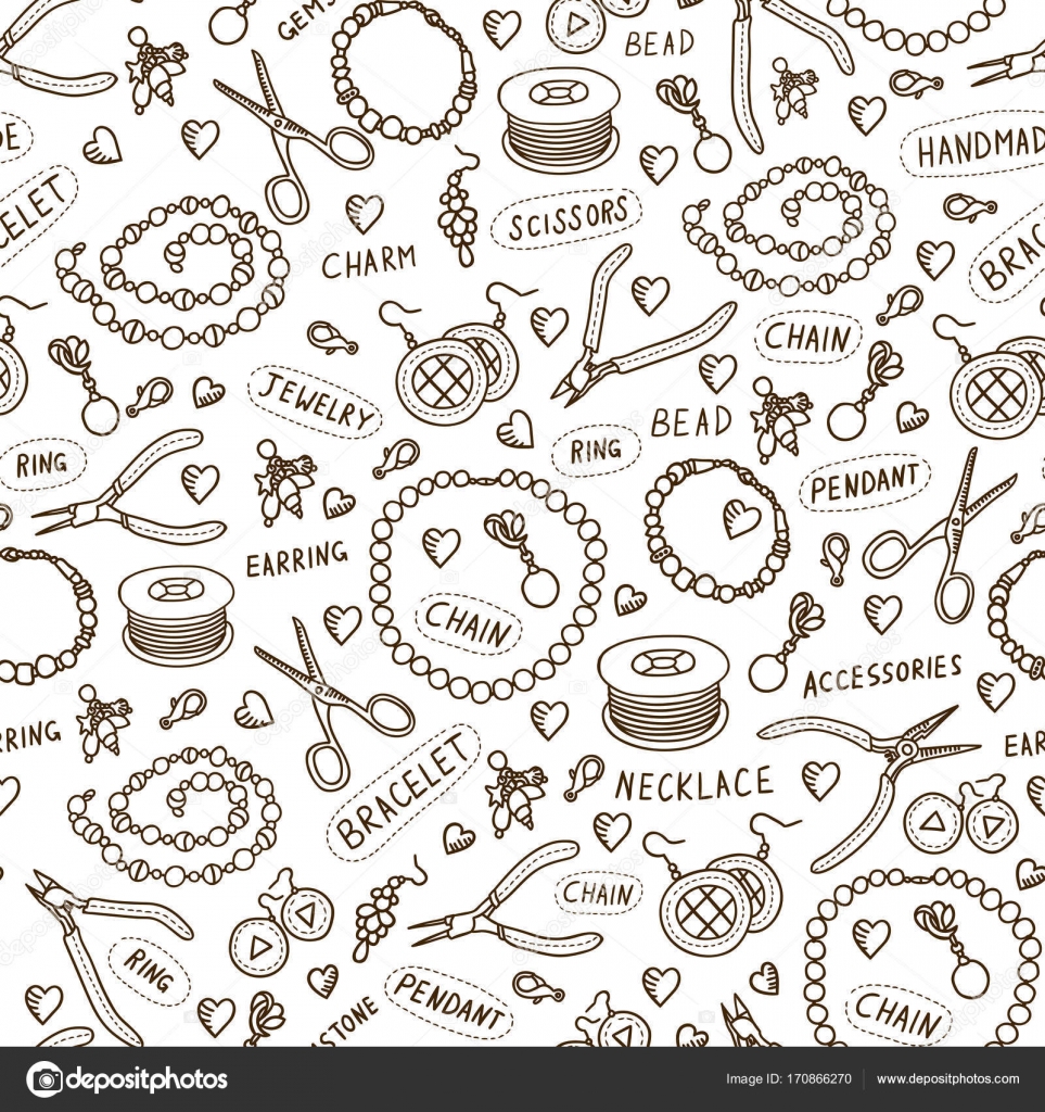 Handmade jewelry elements and tools vector seamless pattern. Beads and ...