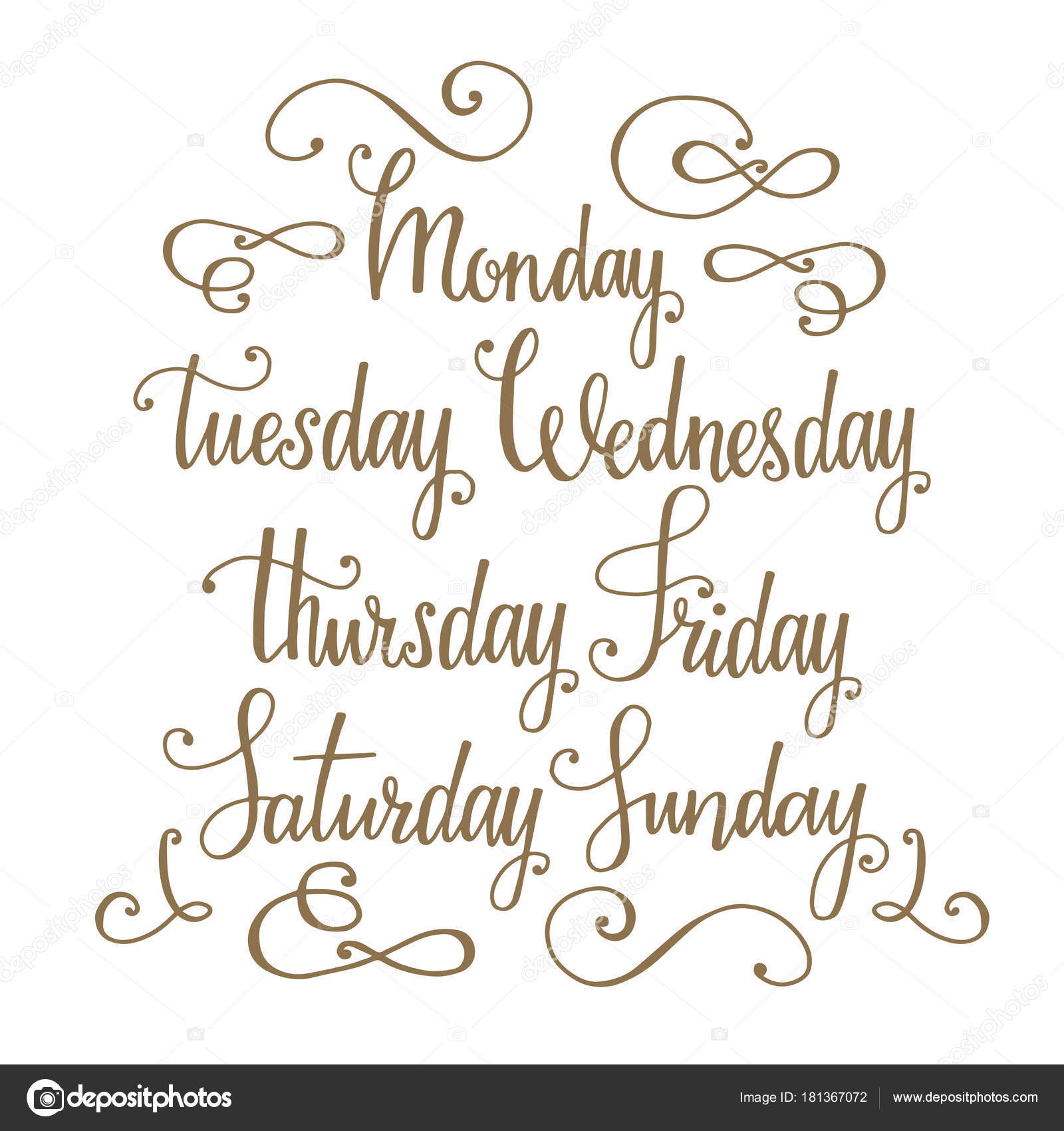 Days Week Handwritten Vector Calligraphy Golden Hand Drawn Lettering ...