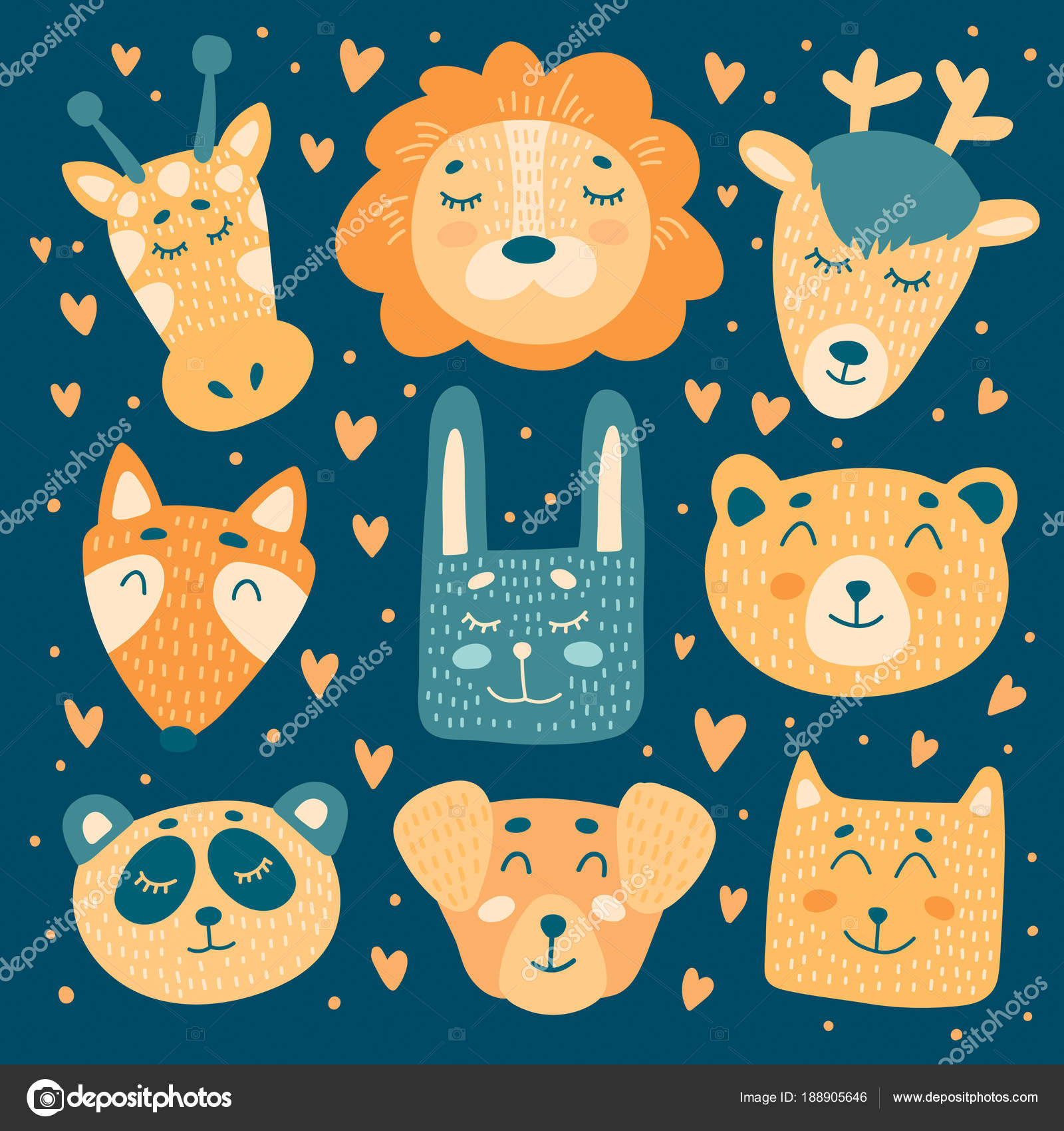 Cute animals vector illustration. Orange, beige and blue design for ...