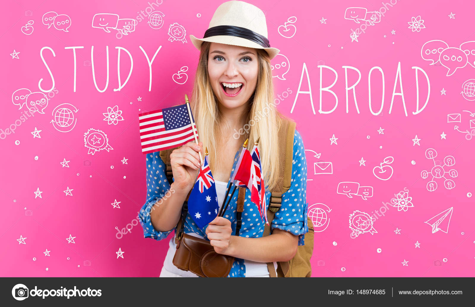 Study Abroad text with young woman with flags Stock Photo by ©Melpomene ...