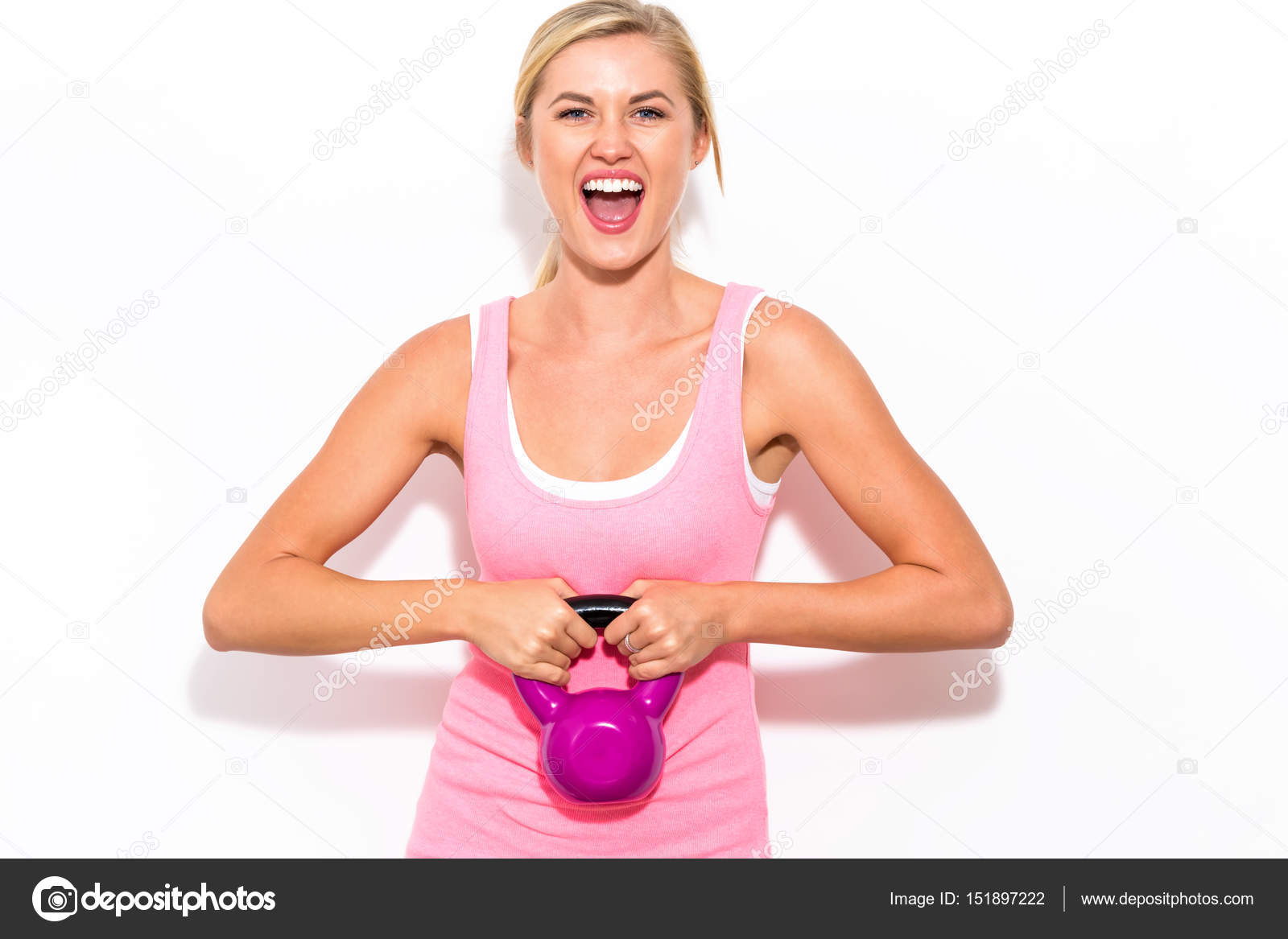 Happy woman working out with kettlebell — Stock Photo © Melpomene ...