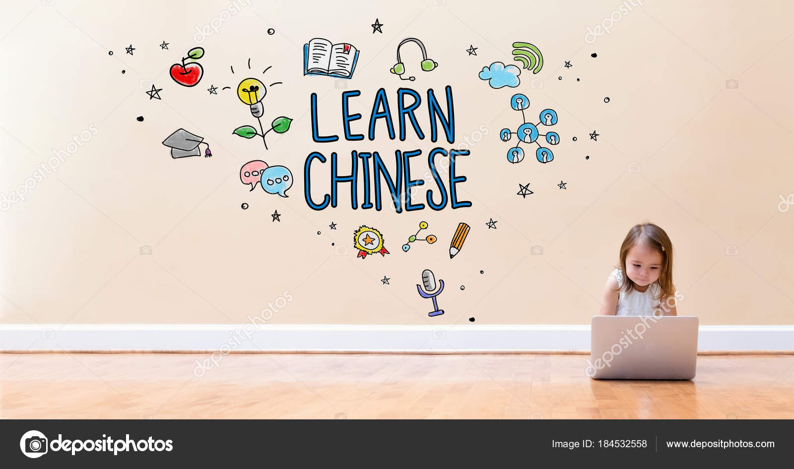 Learn Chinese text with little girl using a laptop computer — Stock ...