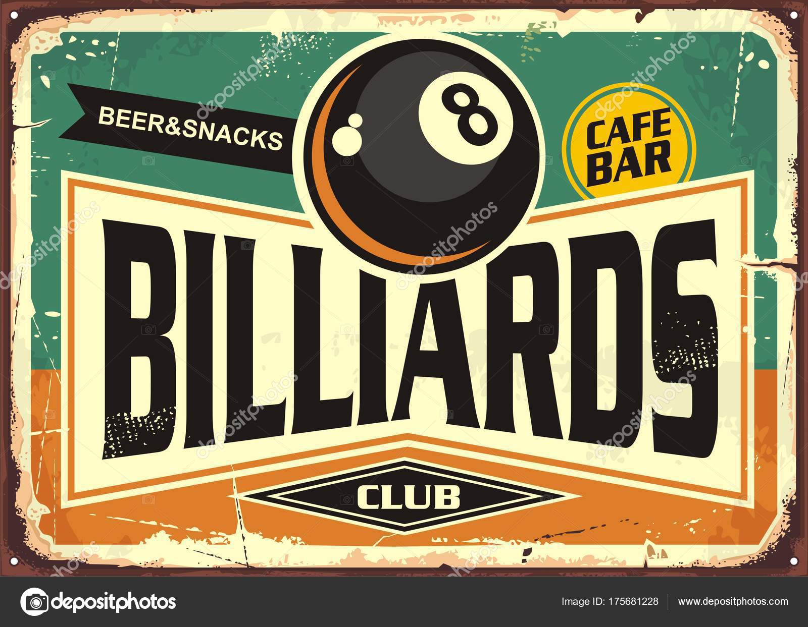 Retro Billiards Sign Design Black Eight Ball Green Background Billiard ...