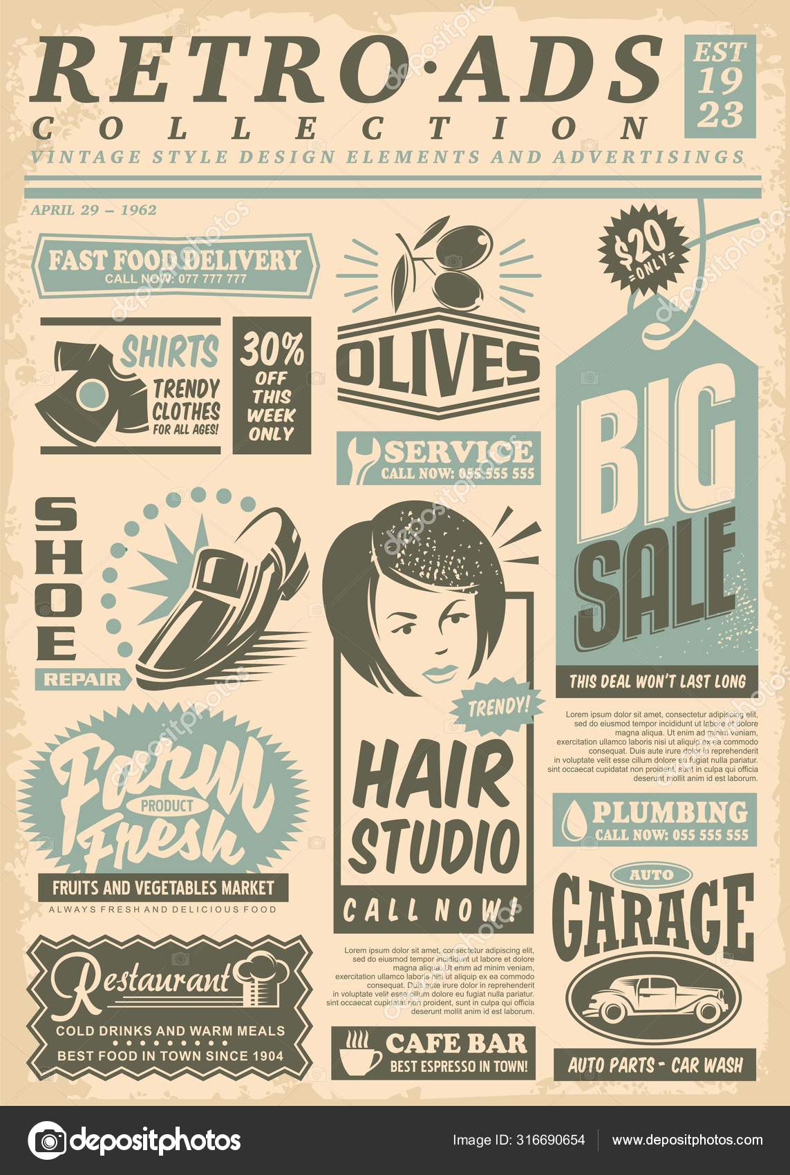 Retro Newspaper Ads Page Promo Advertisements Vintage Newsprint ...