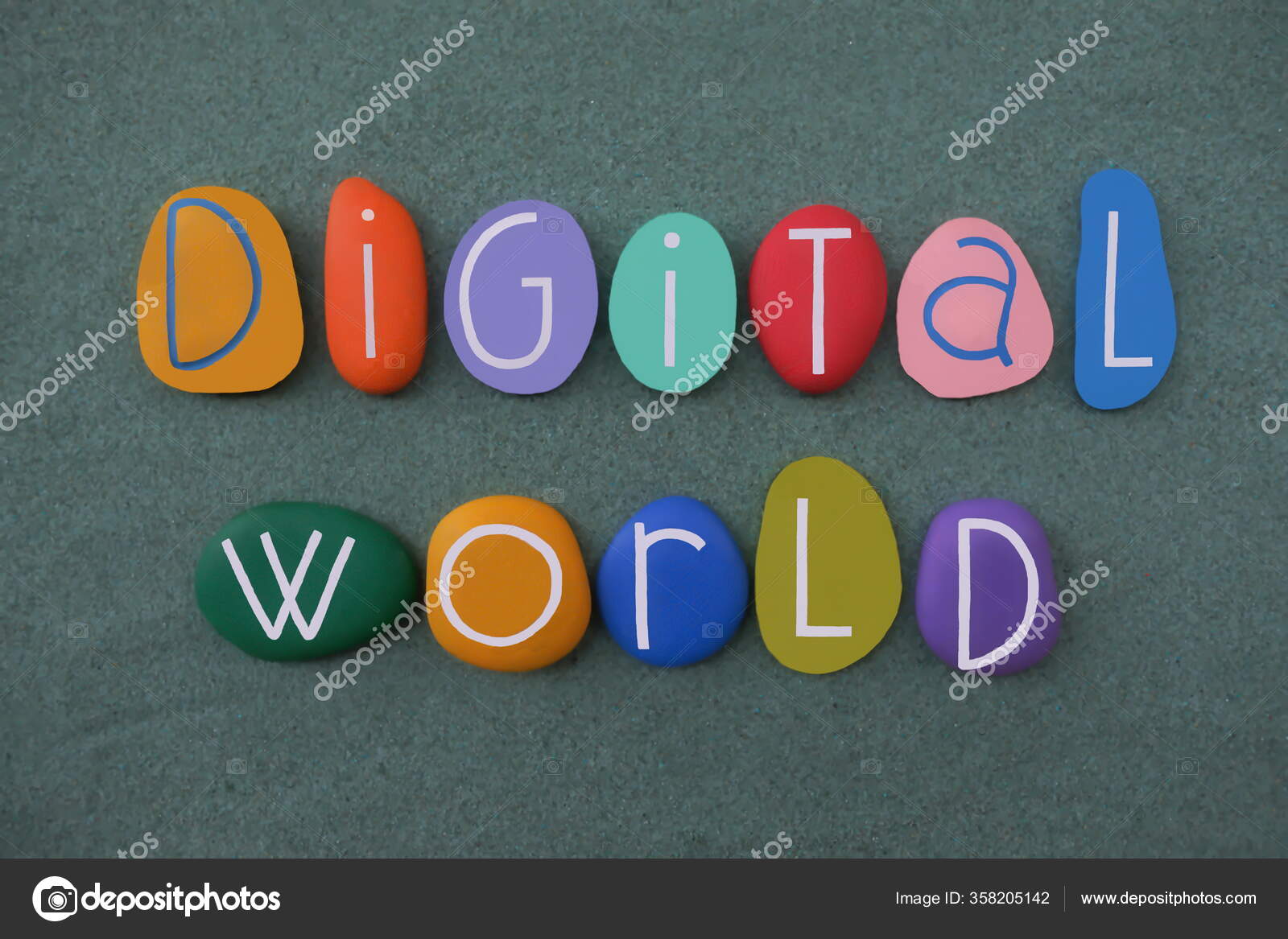 Digital World Text Composed Multi Colored Stone Letters Green Sand ...