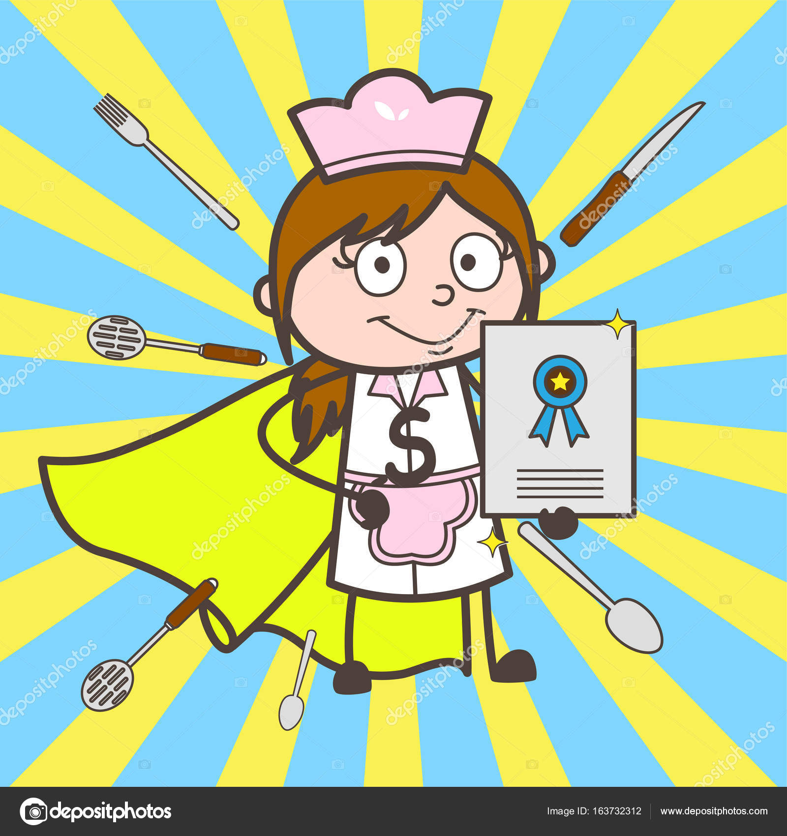 Camarera de dibujos animados mostrando el certificado de recompensa ...