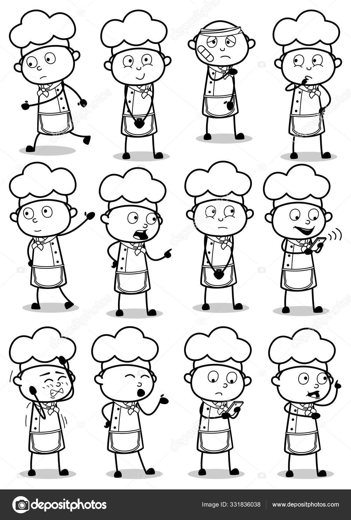 Drawing Art of Comic Chef Poses - Set of Concepts Vector illustr Vektor ...