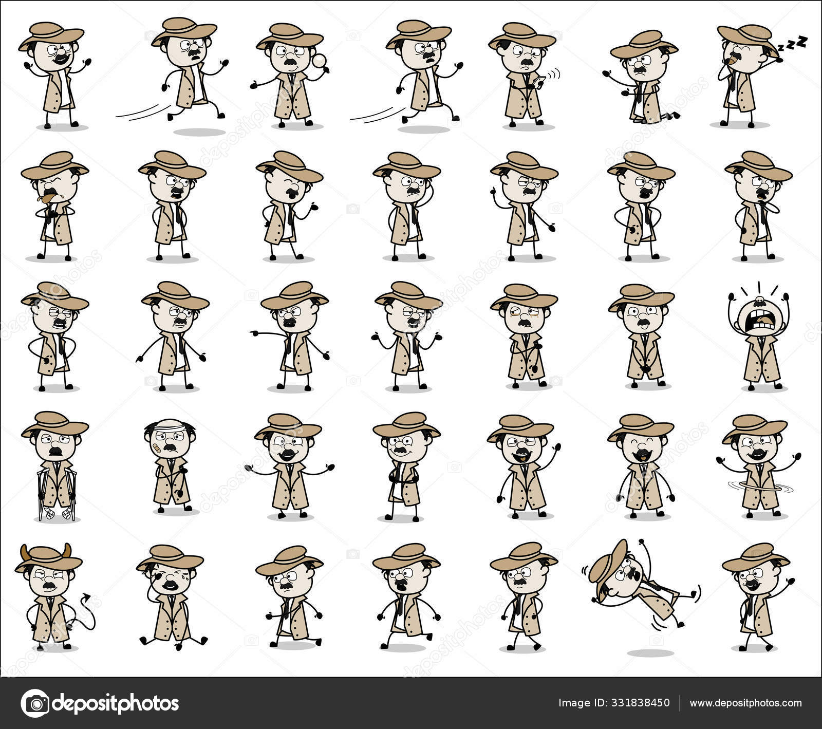 Detective Agent Poses - Set of Vintage Concepts Vector illustrat Stock ...