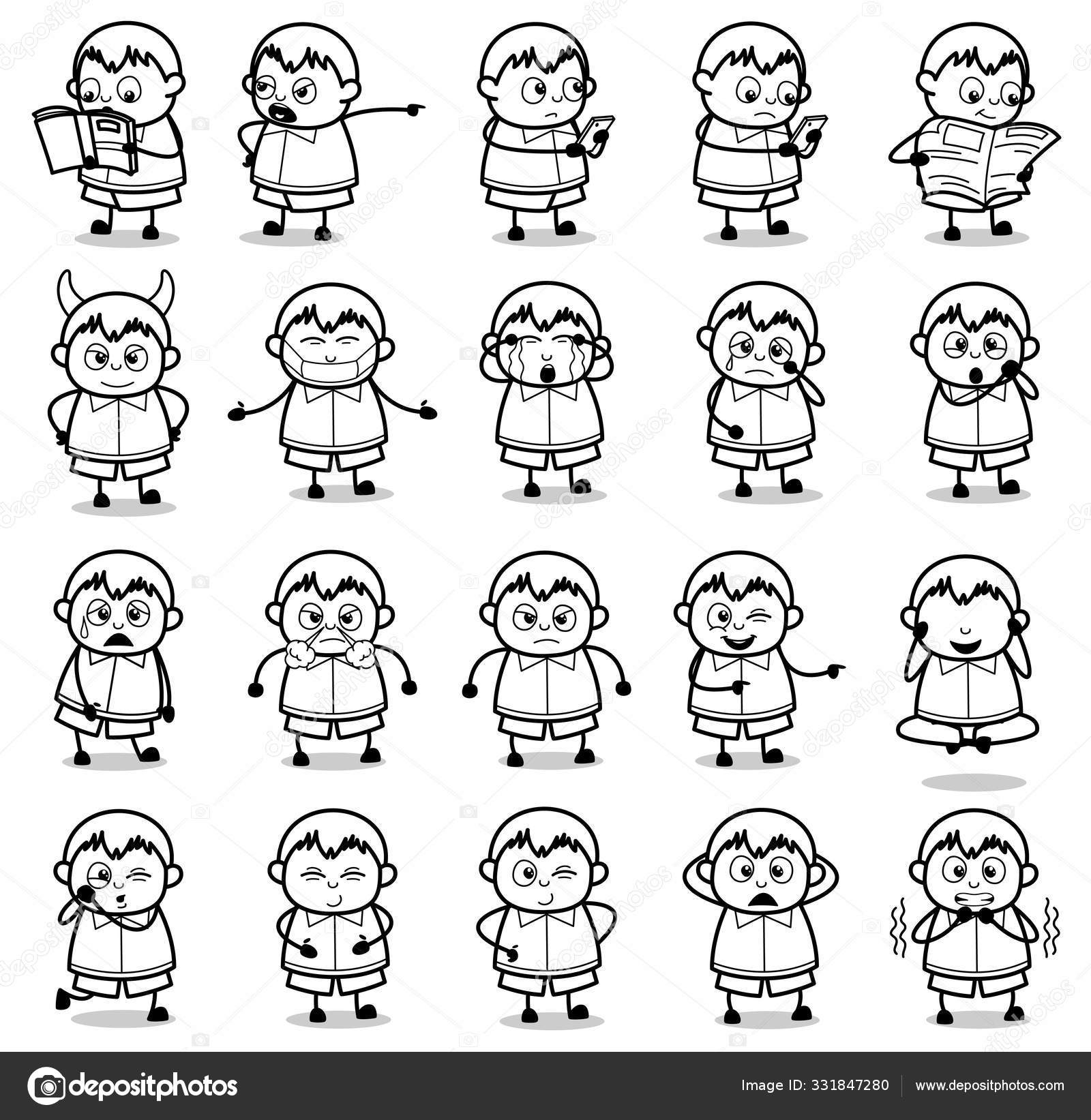 Retro Comic Fat Boy Poses - Conjunto de conceptos ilustraciones ...