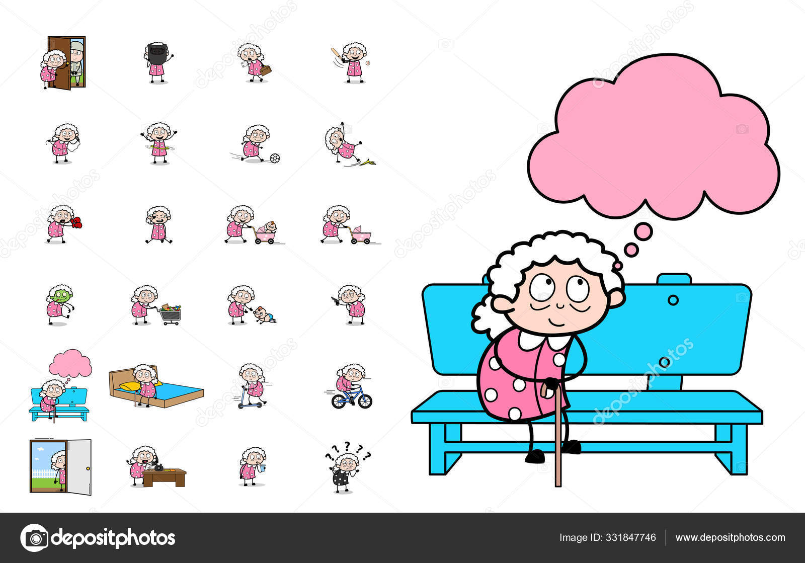 Various Cartoon Old Granny Set Of Concepts Vector Illustration Stock