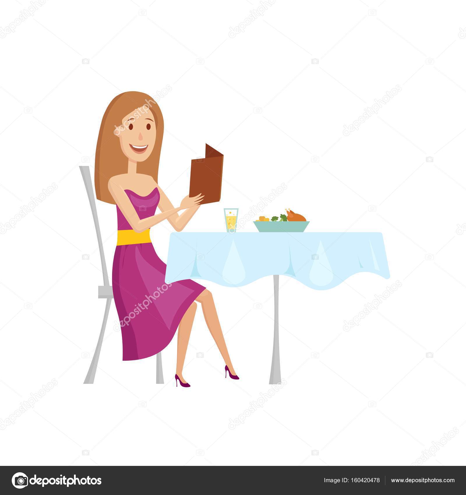 The woman in the restaurant for dinner. Flat and cartoon style.Vector ...