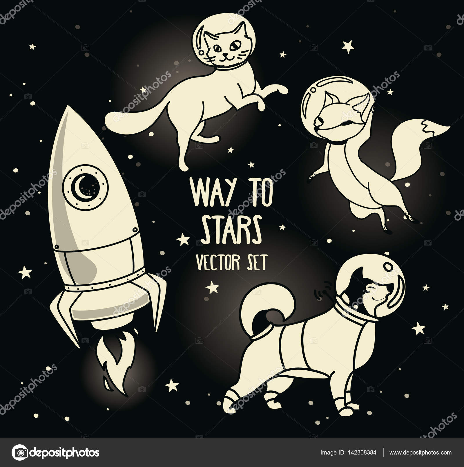 Cute doodle animal-astronauts and retro style rocket floating in space ...
