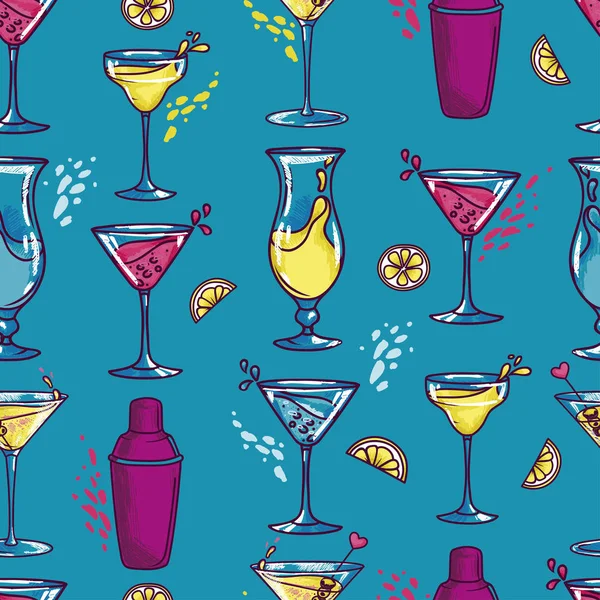 Seamless Pattern Cocktail Bar Symbols Set Shaker Glasses Drinks Alcohol ...