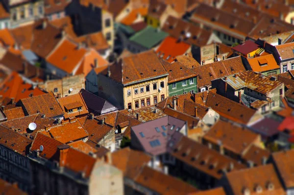 European medieval city view, miniature tilt shift lens effect - Stock ...